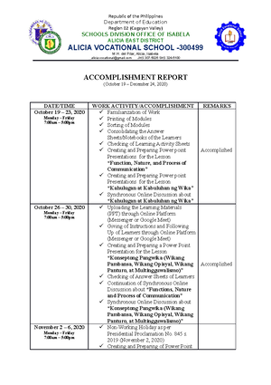 Accomplishment Report as Substitute Teacher - Republic of the Philippines Department of ...