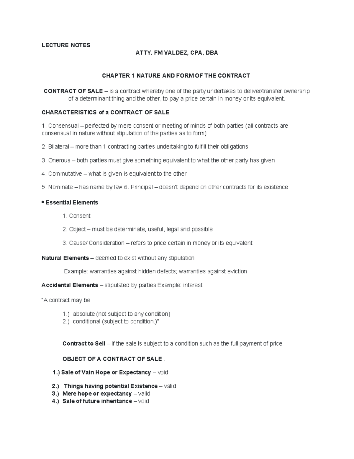 Lecture Notes Obligation And Contracts Lecture Notes Atty Fm Valdez Cpa Dba Chapter 1