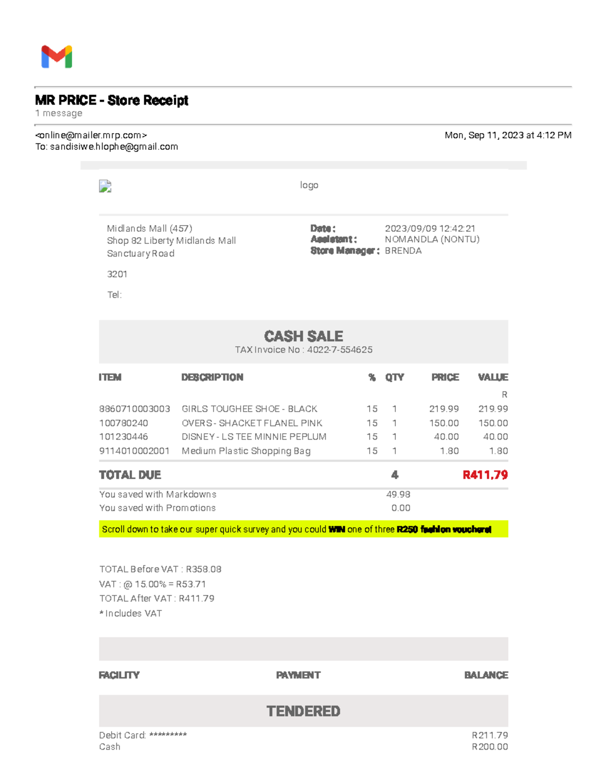 Gmail - MR Price - Store Receipt - MR PRICE - Store Receipt 1 message Mon, - Studocu