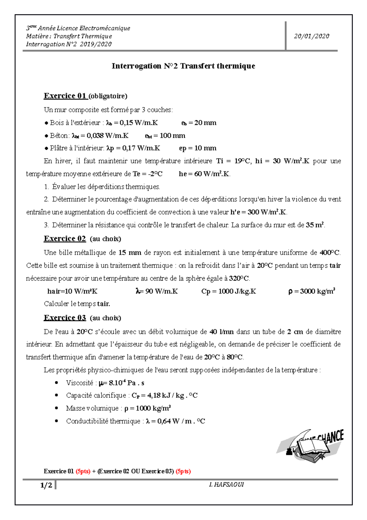 Interrogation 2-1 - physique - 3 eme Année Licence Electromécanique Matière : Transfert ...