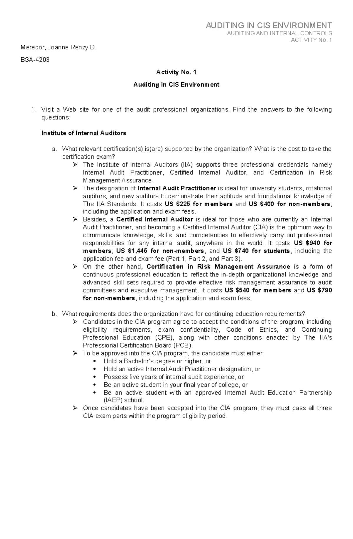 Activity 1 Auditing and Internal Controls - AUDITING AND INTERNAL ...
