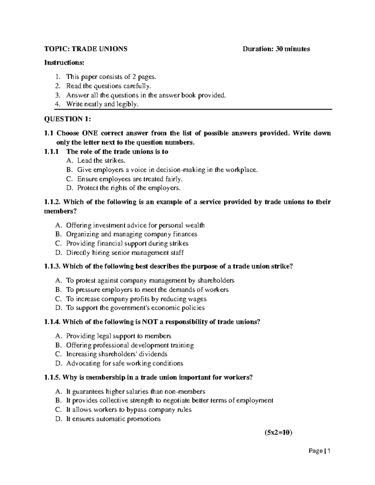 EMS TASK - EMS Task - TOPIC: TRADE UNIONS Duration: 30 minutes ...