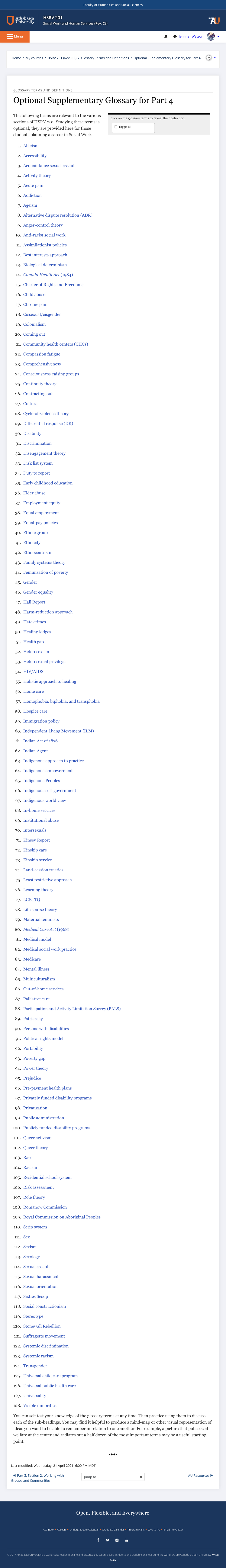 HSRV 201 (Rev. C3): Optional Supplementary Glossary for Part 4 - !"#$ % &'()"*+,$, % - Studocu