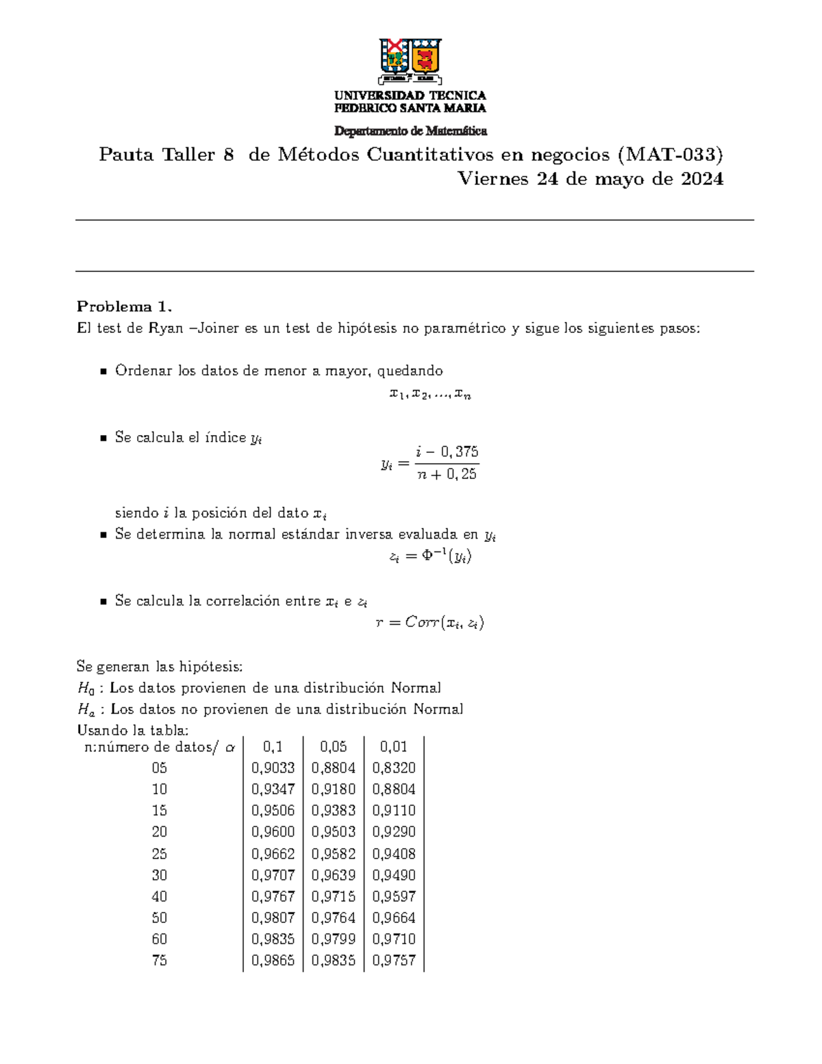 Pauta Taller 8 - Viernes 24 de mayo de 2024 Problema 1. El test de Ryan ...