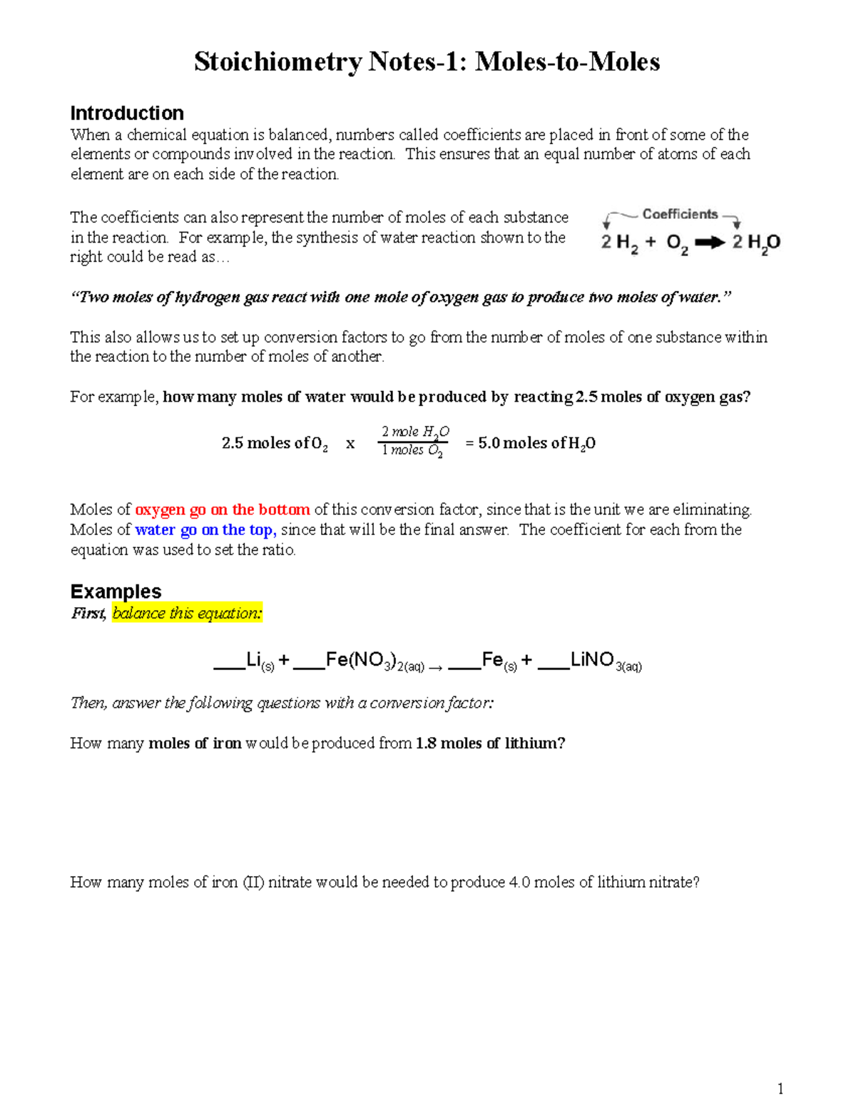 1-moles to moles - Mole to Gram conversion - Stoichiometry Notes-1 ...
