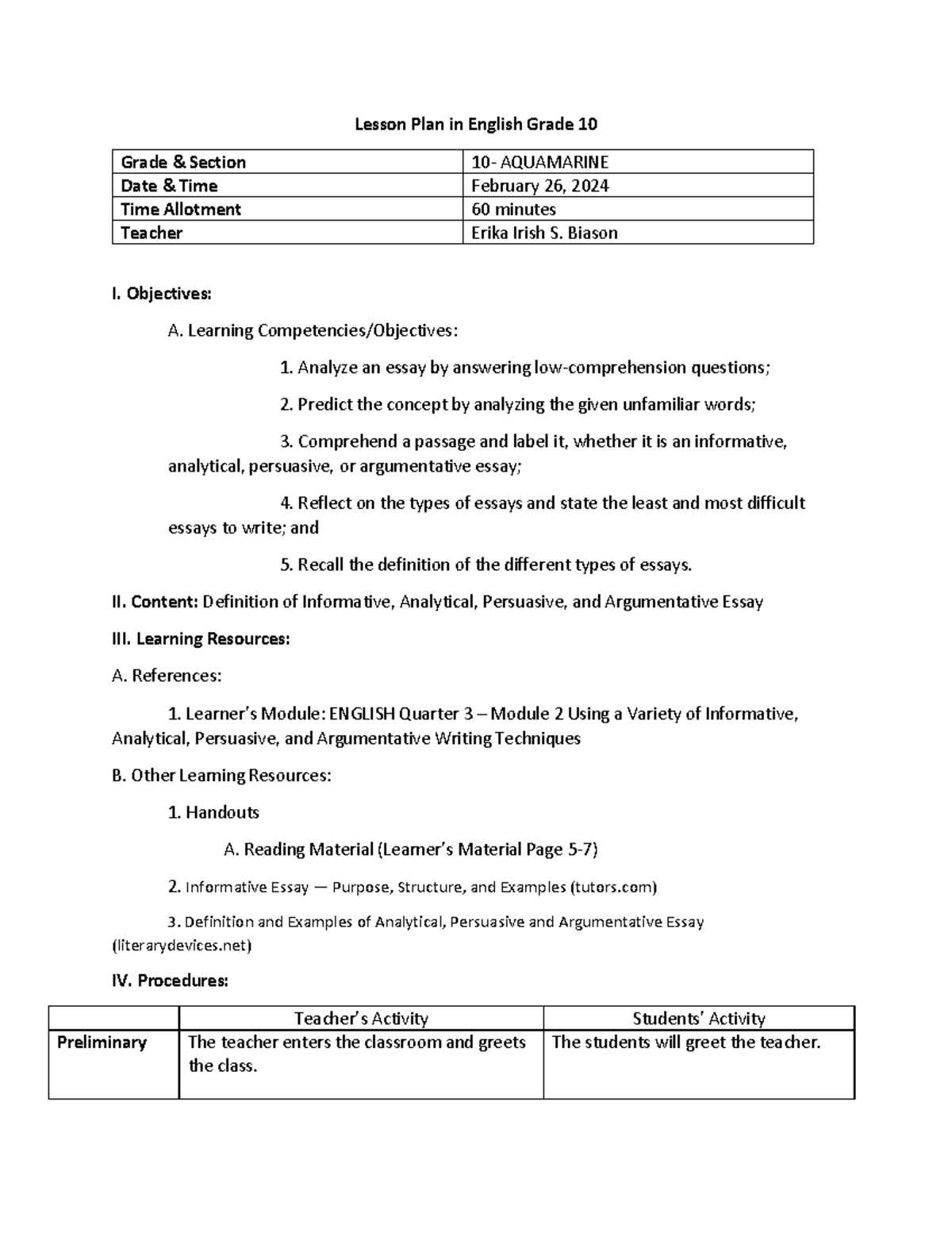 Four Types of Essays - Lesson Plan in English Grade 10 Grade & Section ...