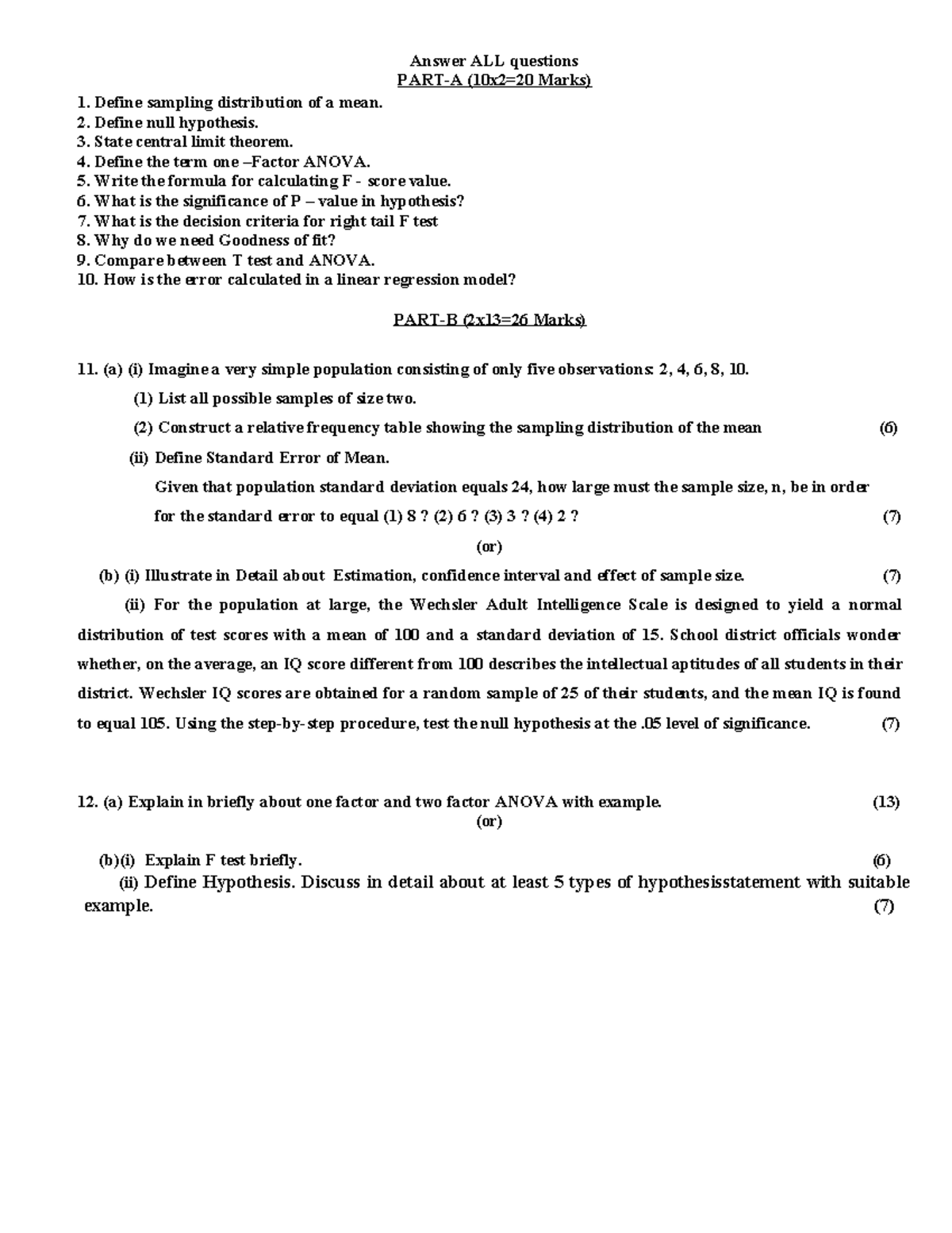 Fodsa internal assessment - Answer ALL questions PART-A (10x2=20 Marks) 1. Define sampling - Studocu