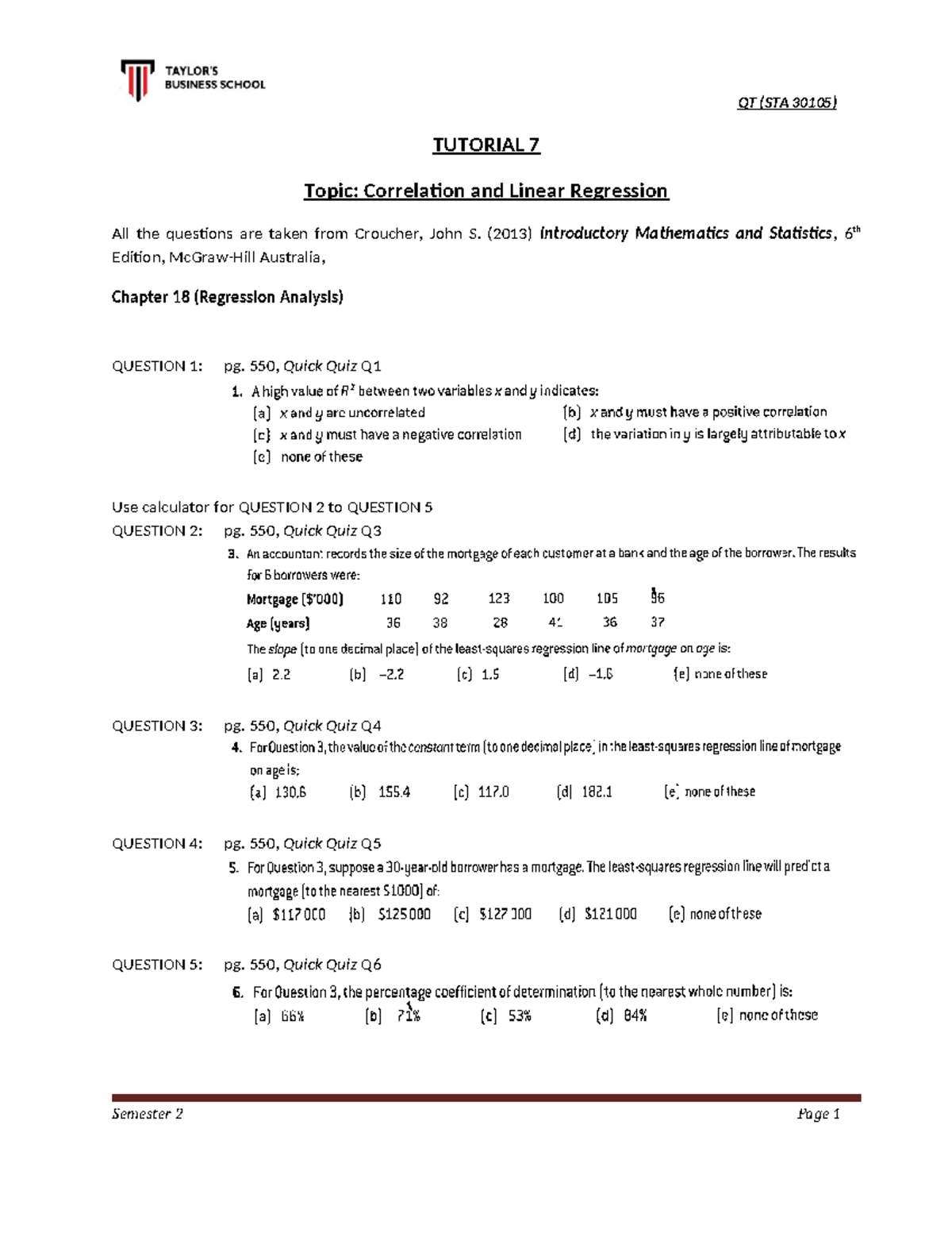 Tutorial 7 Que - TUTORIAL 7 Topic: Correlation and Linear Regression ...