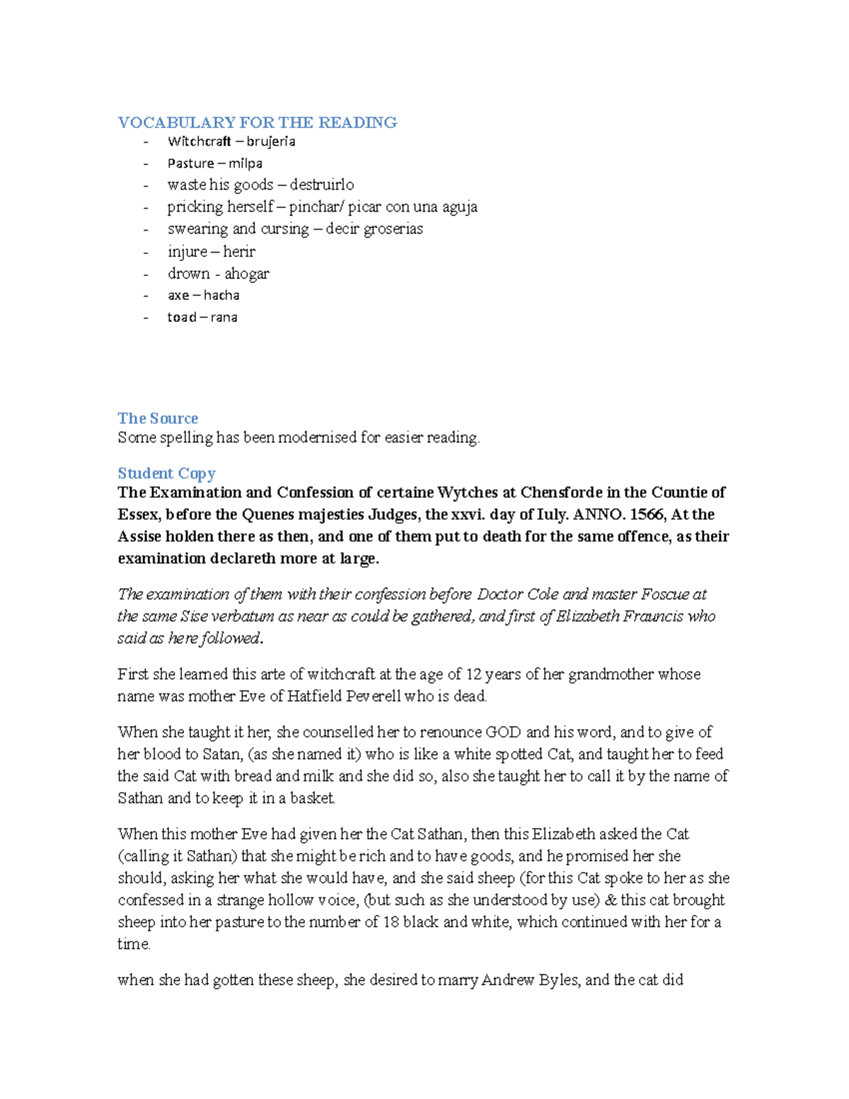 Witch-reading - Examen segundo parcial - VOCABULARY FOR THE READING ...