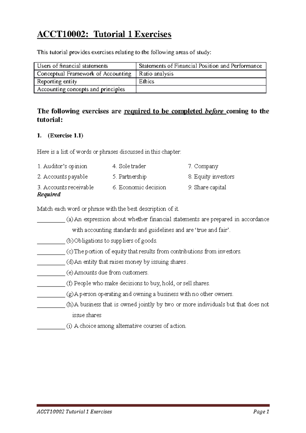 ACCT10002 Tutorial 1 Exercises - ACCT10002: Tutorial 1 Exercises This ...