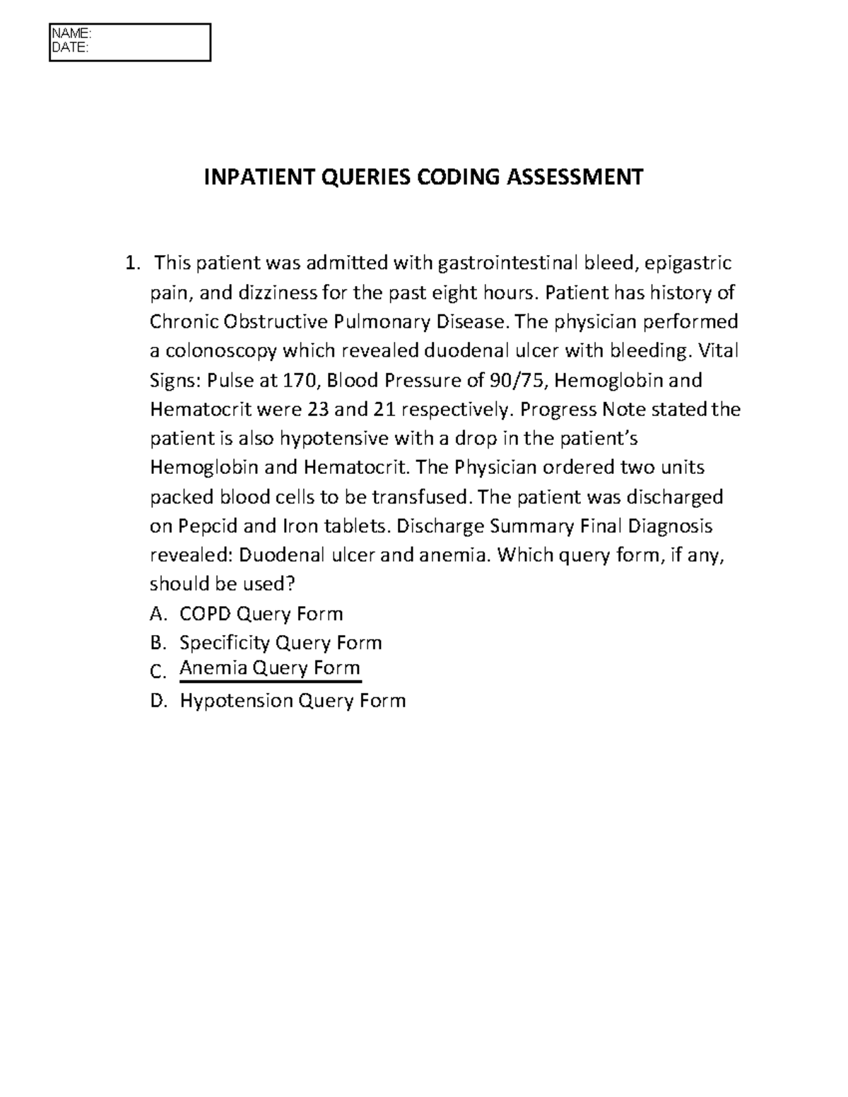 Inpatient Queries Coding Practice Test - INPATIENT QUERIES CODING ...