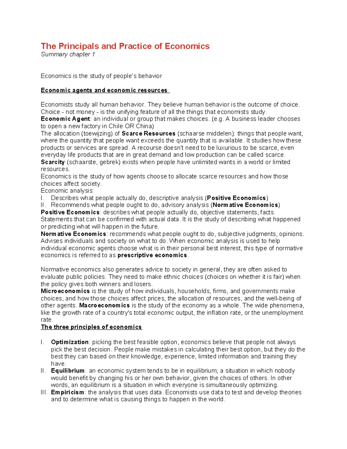 Summary chapter 1 EGE - The Principals and Practice of Economics ...
