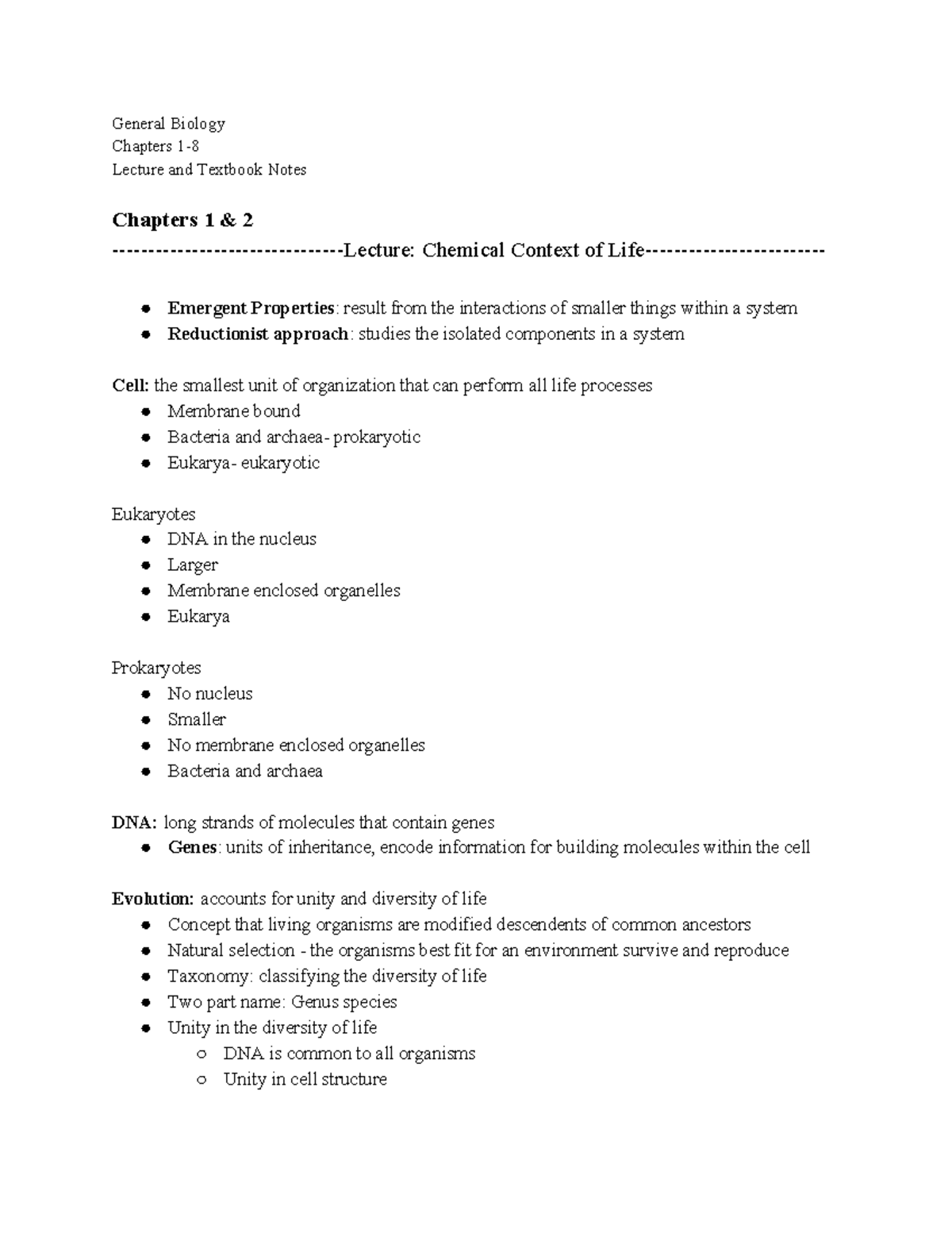 Gen bio ch1-8 - Lecture notes Lectures for exam 1. Ch 1-8 - General ...