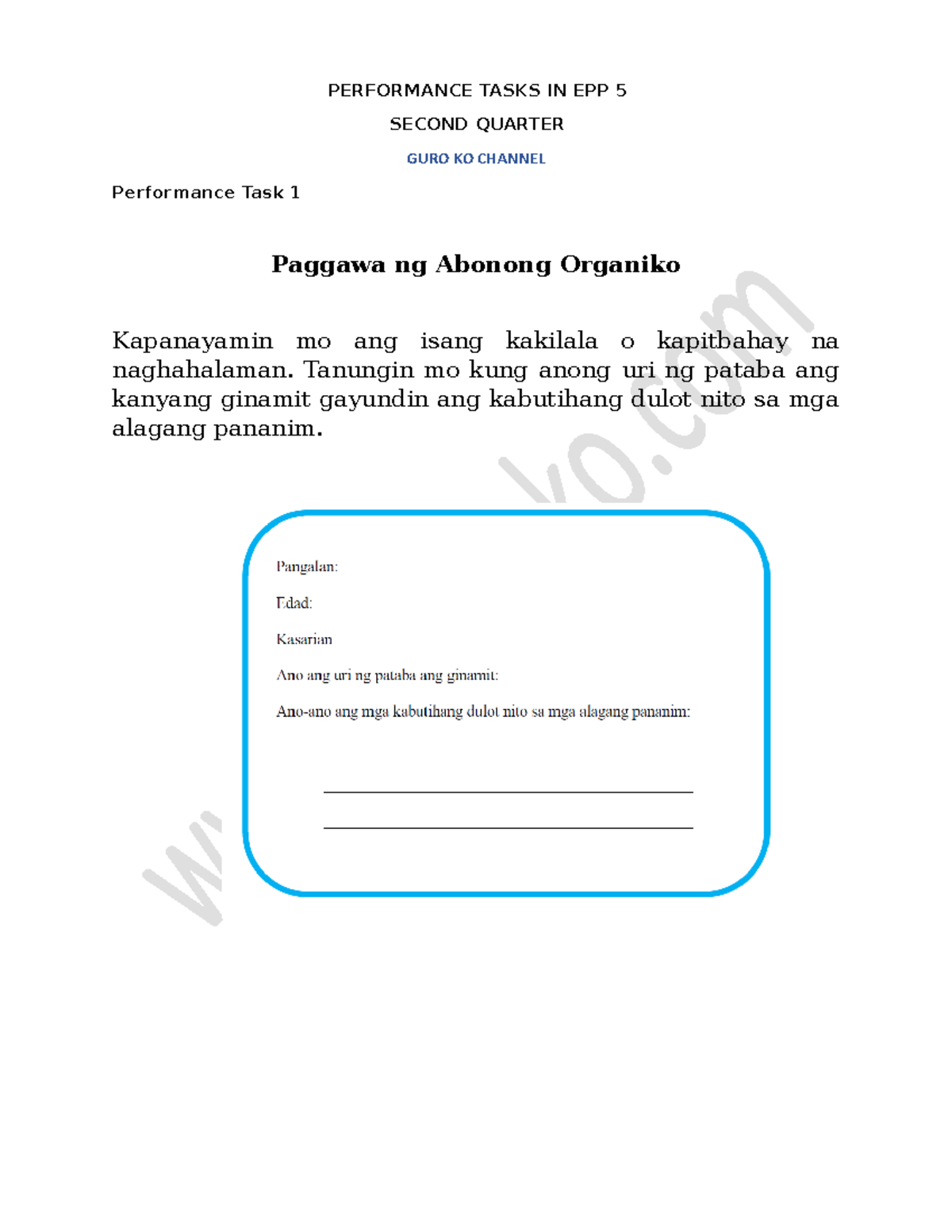 EPP-5-Q2 performance task - GURO KO CHANNEL Performance Task 1 Paggawa ...