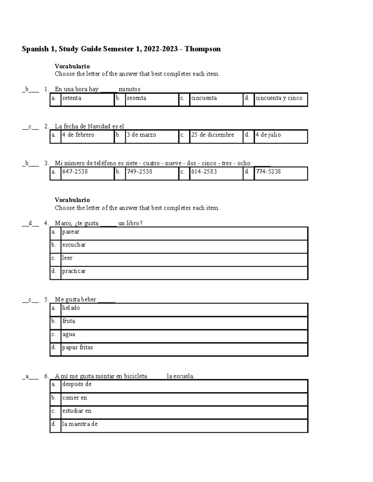 Spanish 1 Study Guide Fall 2022-2023-Thompson (1)11 - Spanish 1, Study ...