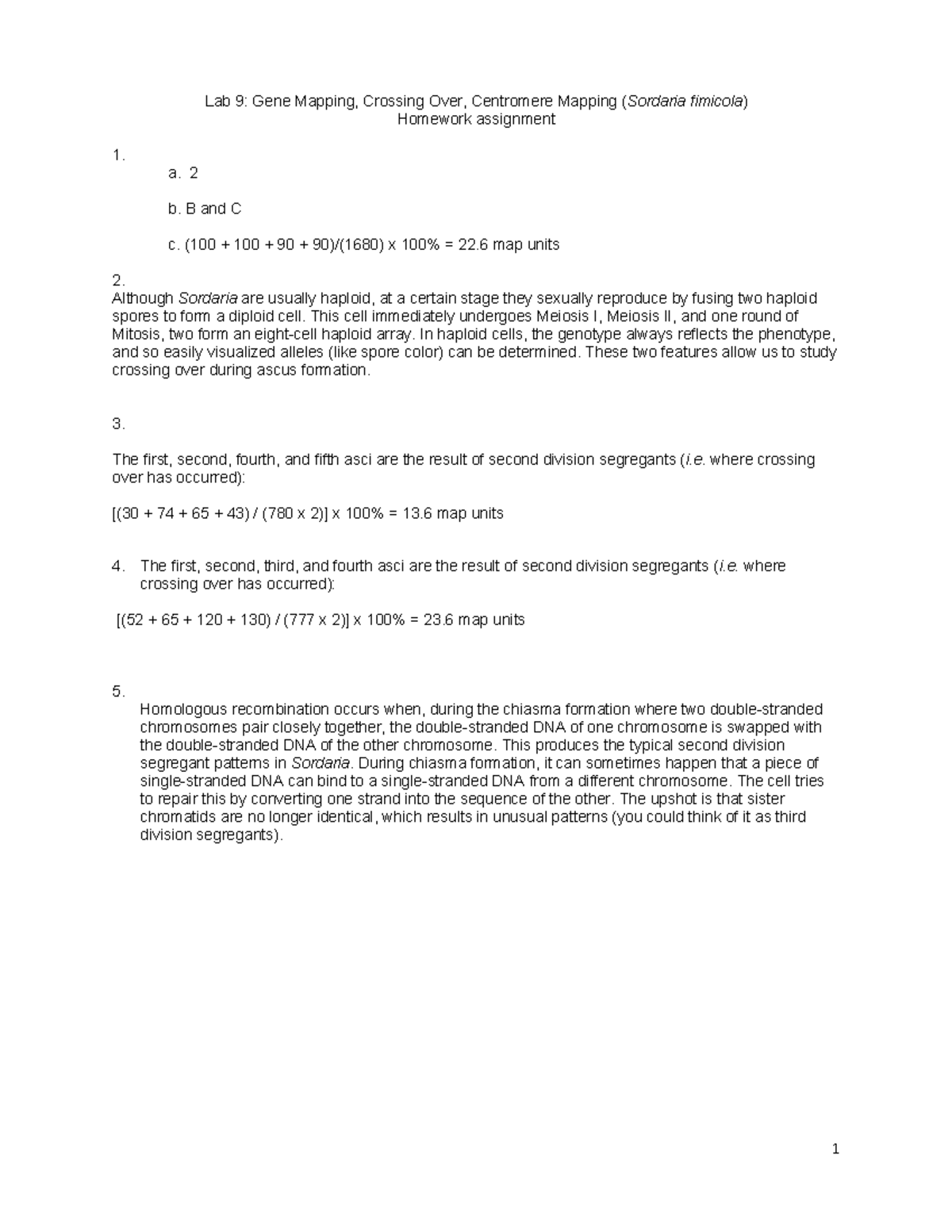 Lab 9 HW Answers - 1 Lab 9: Gene Mapping, Crossing Over, Centromere ...