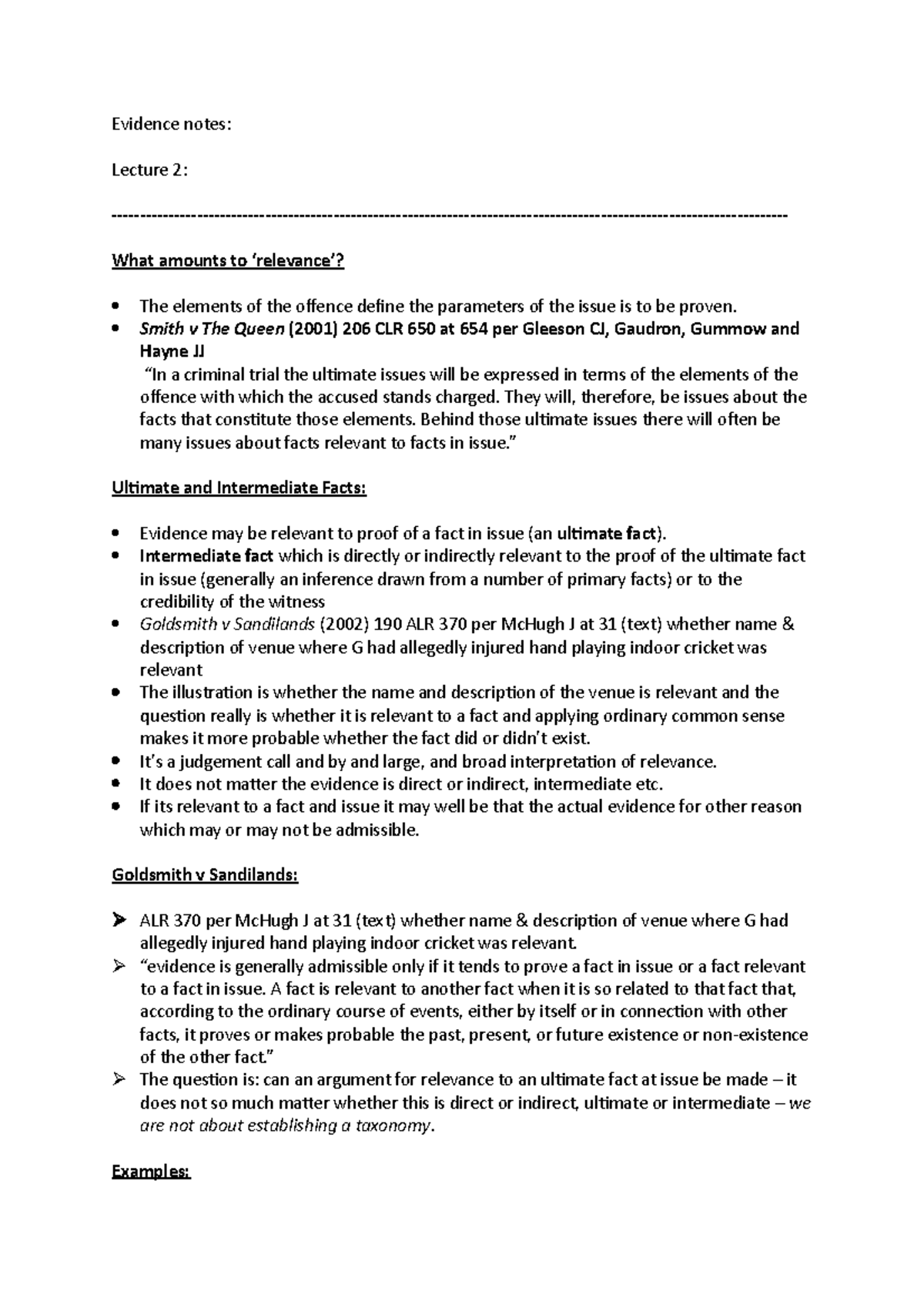 Evidence notes 2021 - Evidence notes: Lecture 2: What amounts to ...