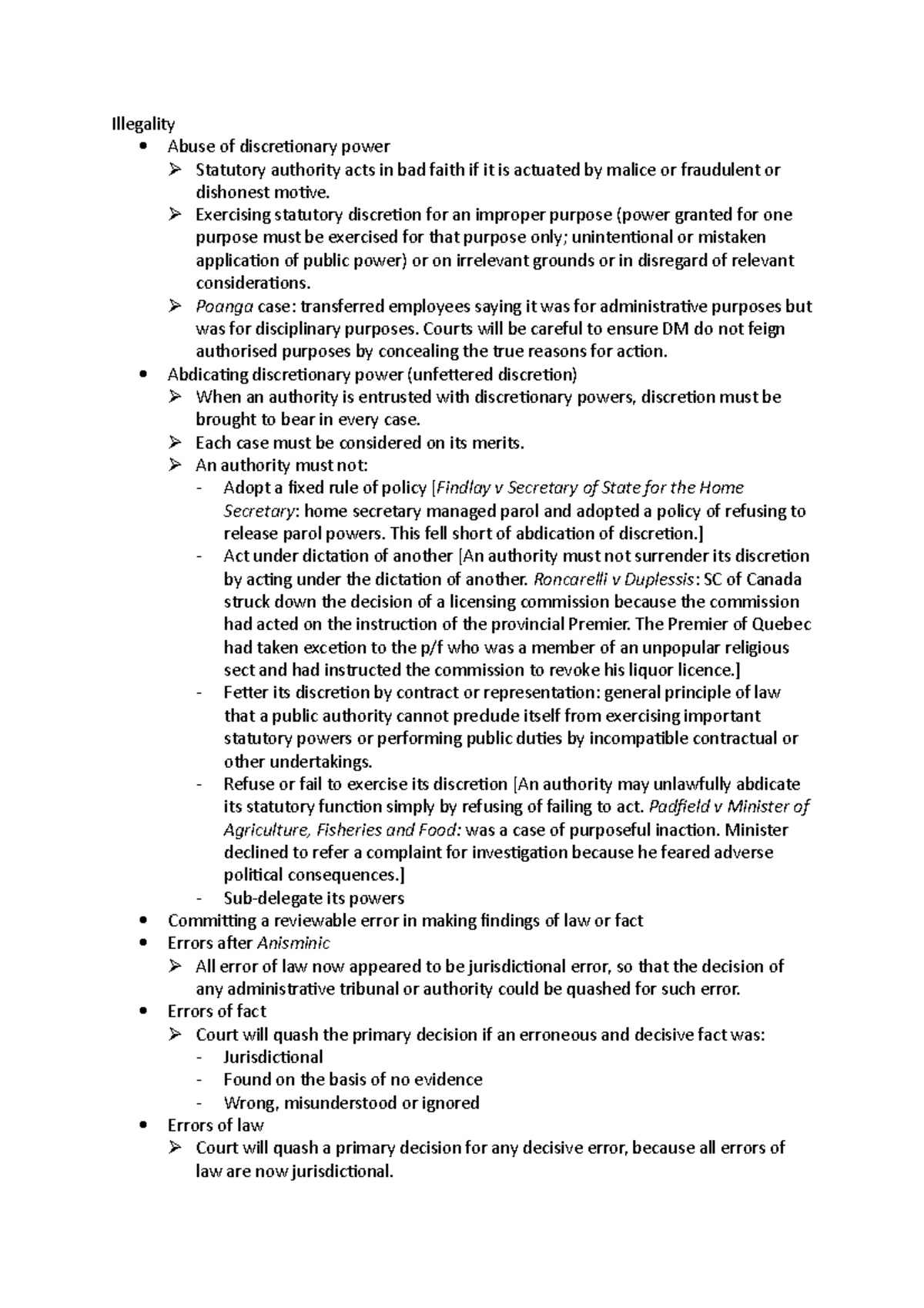 Admin Revision - Entire year Course notes - Illegality Abuse of ...