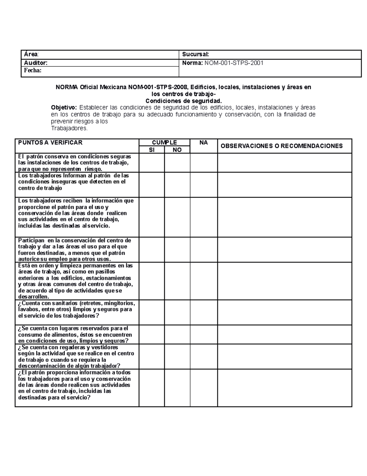 Check List Nom 001 Stps - Revisión de instalaciones de acuerdo a la NOM ...