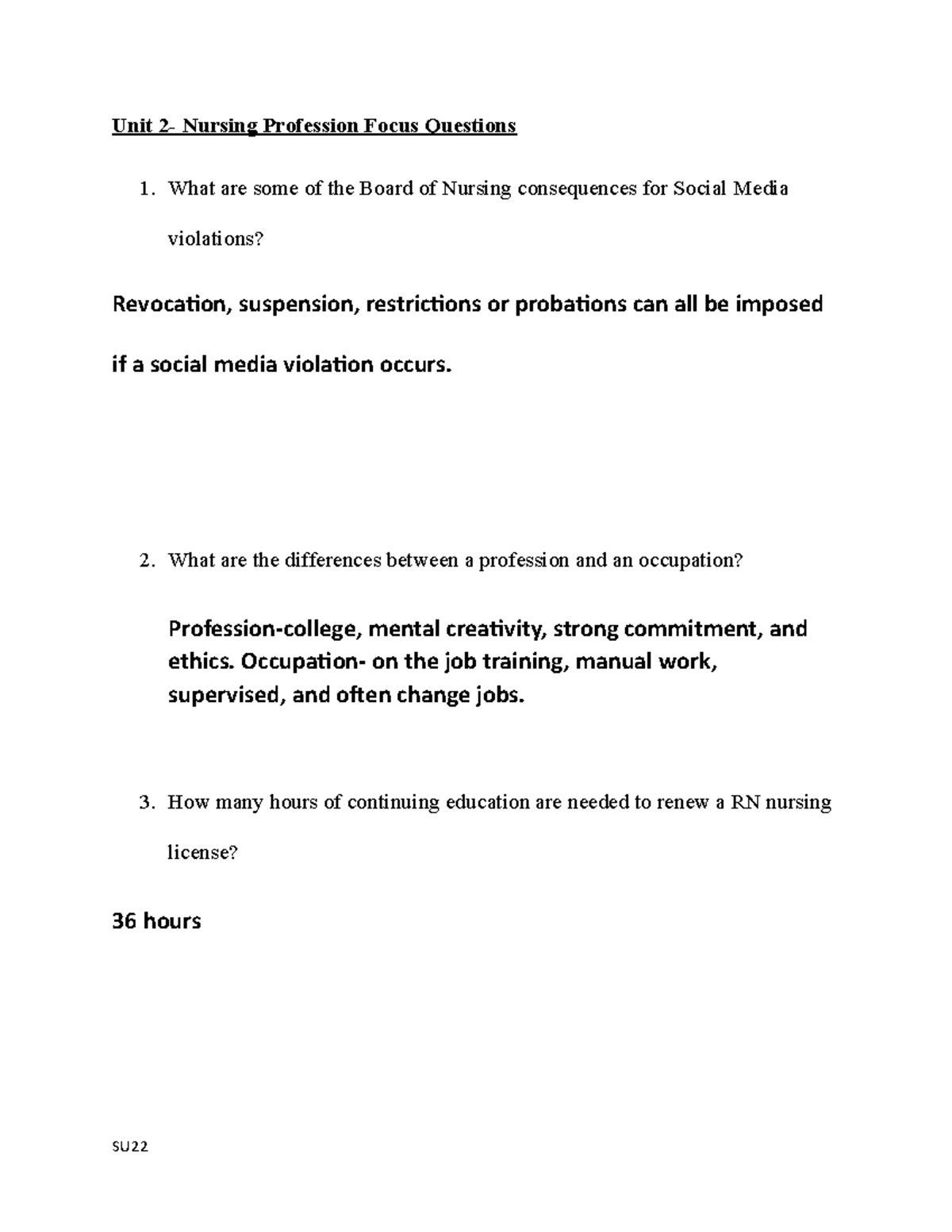 Unit 2 Focus Questions - well done - Unit 2- Nursing Profession Focus ...
