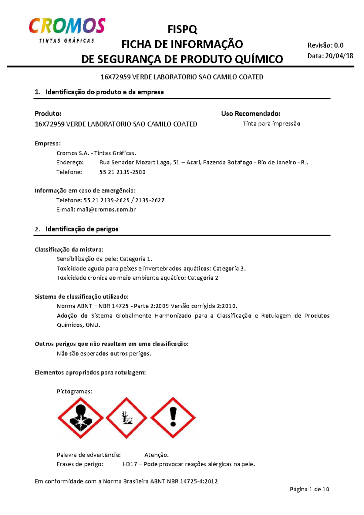 Fispq - Verde Laboratorio SAO Camilo Coated - FICHA DE INFORMAÇÃO DE ...
