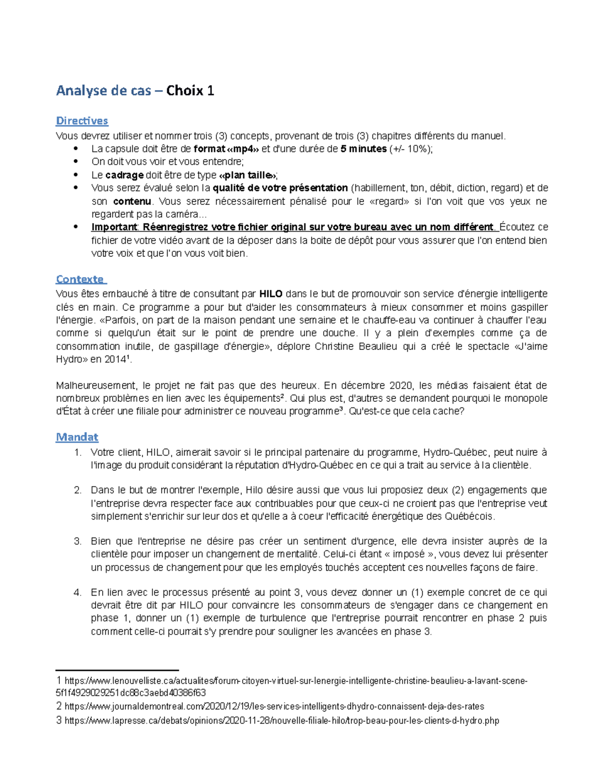 Analyse de cas individuel - Analyse de cas – Choix 1 Directives Vous ...