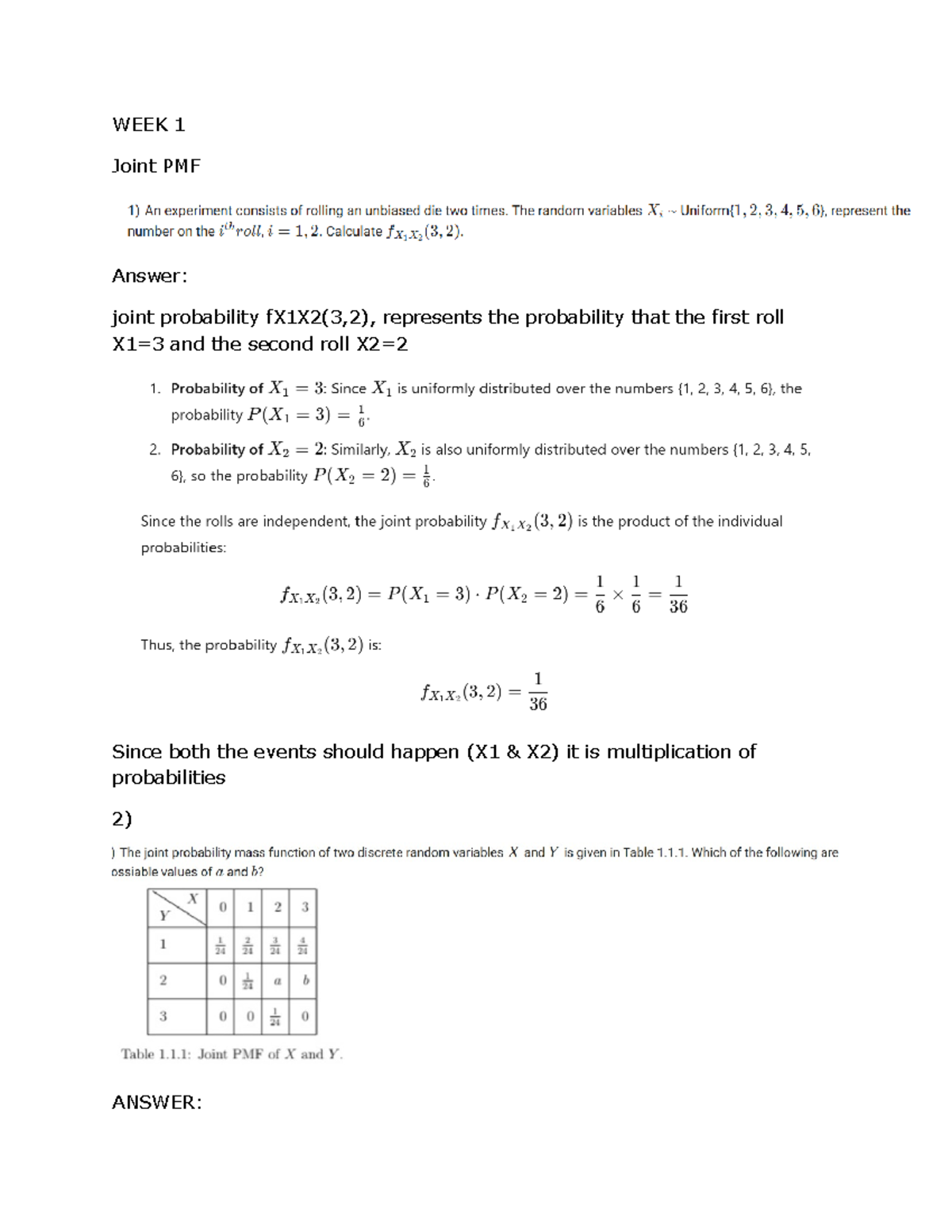 Statistics Solved Notes - WEEK 1 Joint PMF Answer: joint probability ...