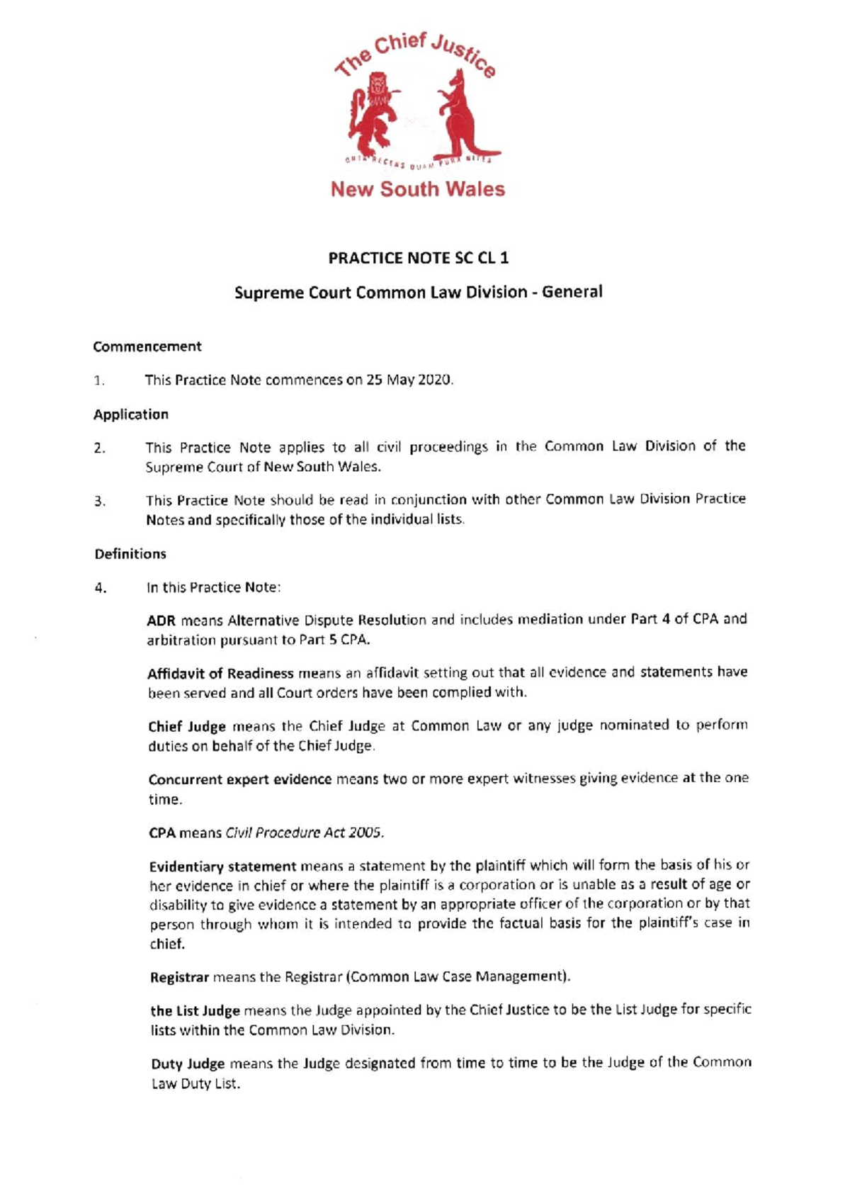 Practice Note SC CL 1 General - Chief The ORTARECENS New South Wales ...