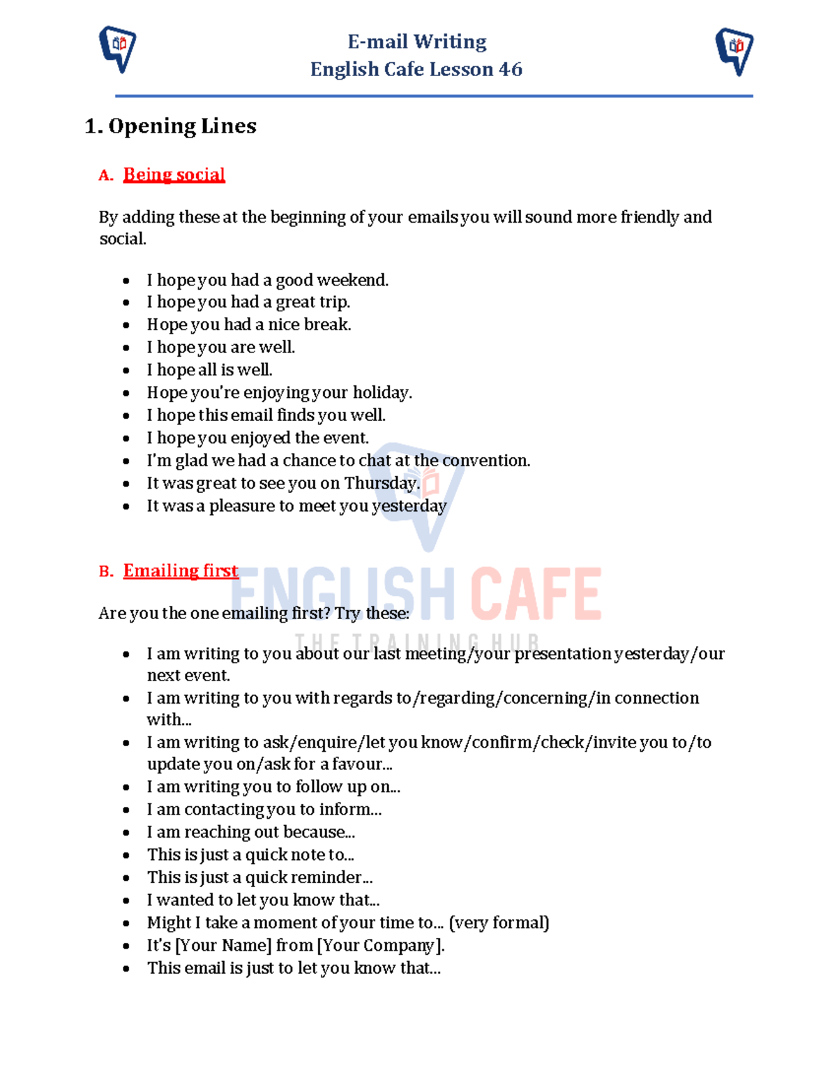Email Writing - Oet notes with answer key - E-mail Writing English Cafe ...