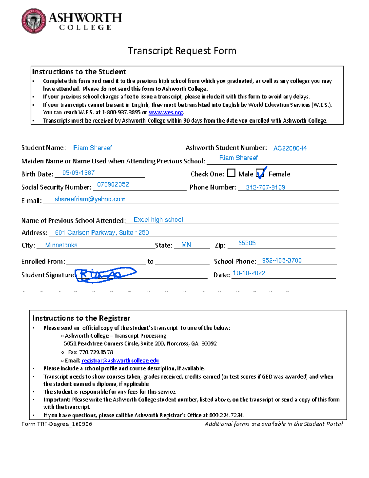 Transcript-request-ashworth-form filled - Transcript Request Form ...