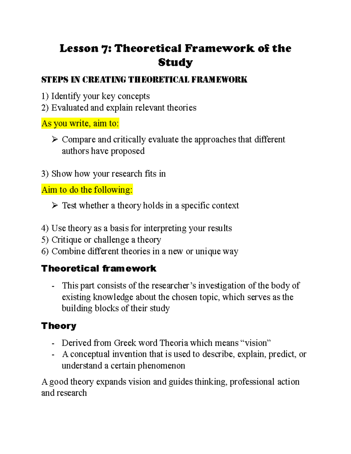 Lesson 7 - elements of research - Lesson 7: Theoretical Framework of ...