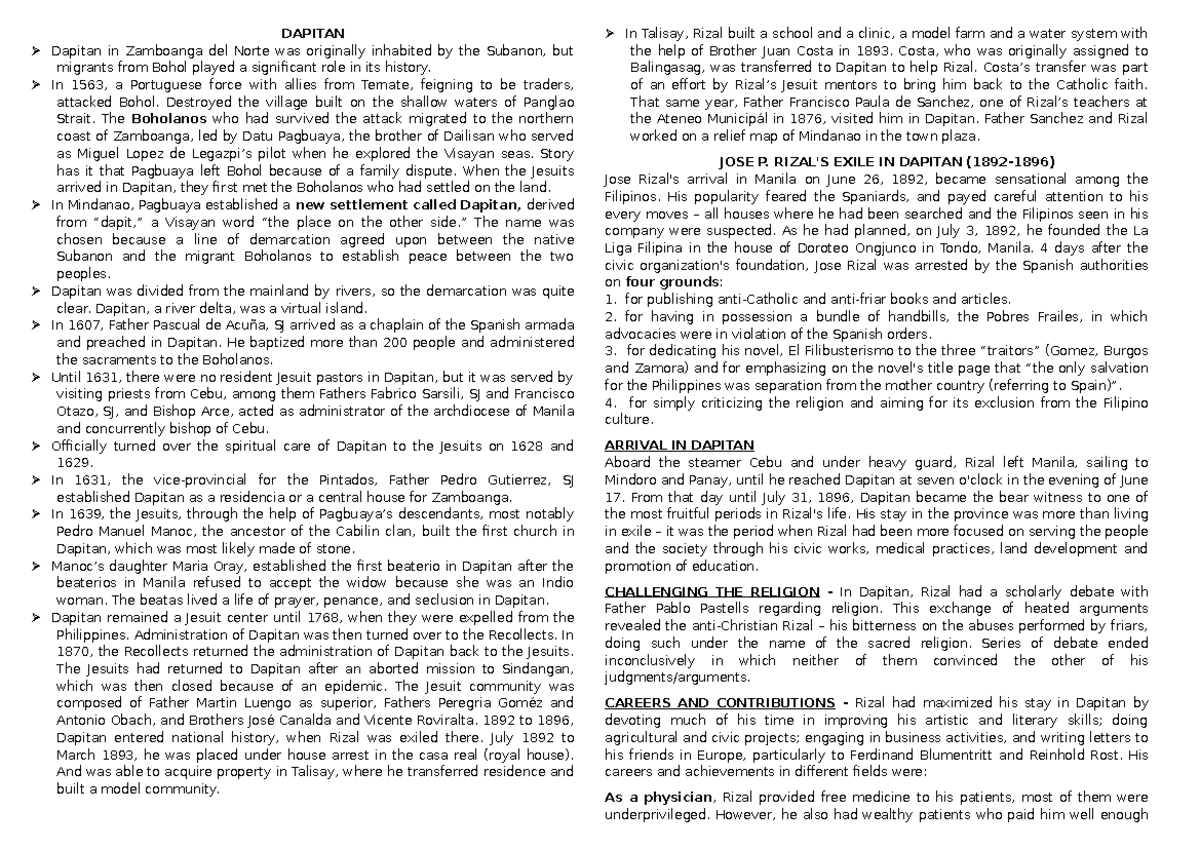 Reviewer-IN-RLW - Reviewer-IN-RLW - DAPITAN Dapitan in Zamboanga del Norte was originally - Studocu