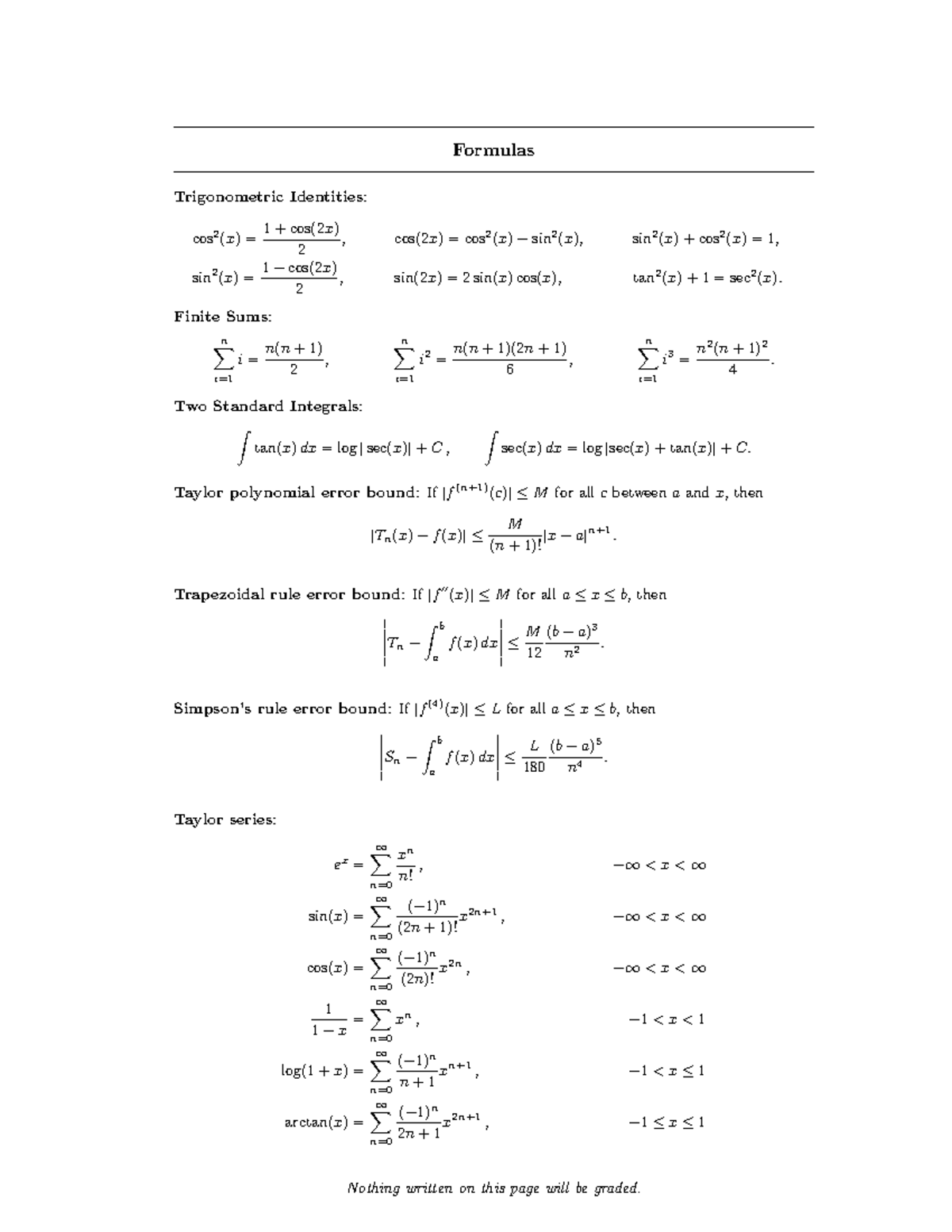 Final Exam Formulas Formulas Trigonometric Identities Cos 2 x 1