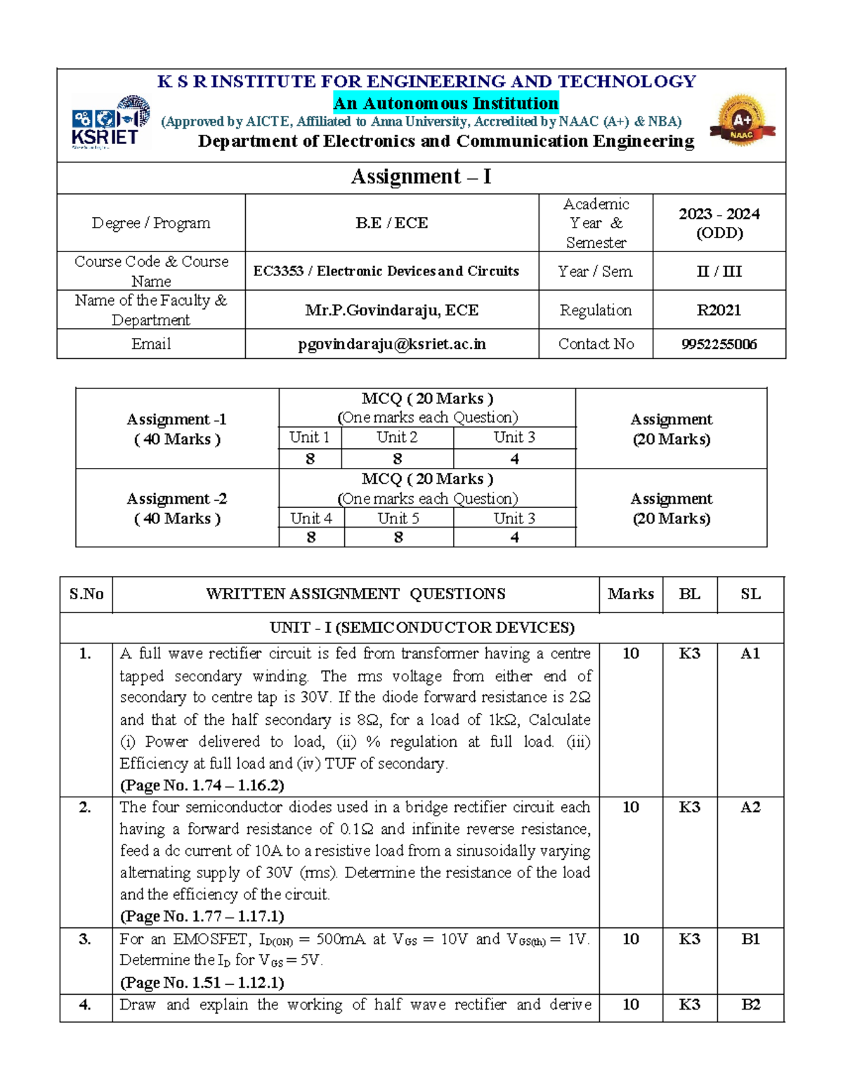 EDC - Assignment - 1 - good - K S R INSTITUTE FOR ENGINEERING AND TECHNOLOGY An Autonomous - Studocu