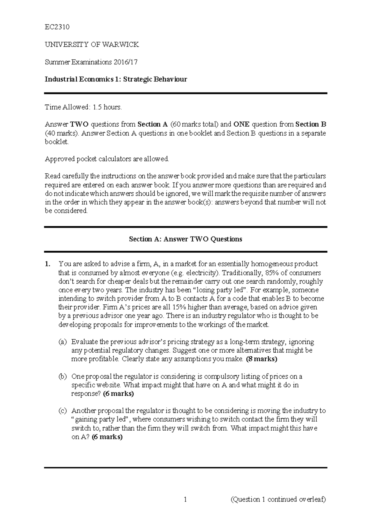 2017 paper EC231 with answer - EC 1 (Question 1 continued overleaf ...