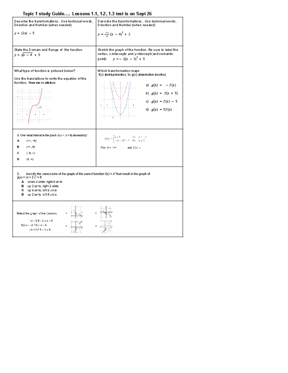 Algebra 2 - Practice 1 Test - Topic 1 study Guide.... Lessons 1, 1, 1 ...