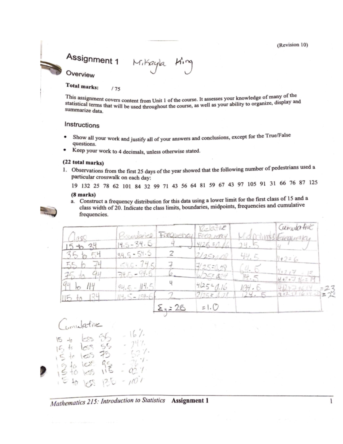 Assig.1 Math215 - stats - (Revision 10) Assignment 1 Mikayla king Overview Total marks: This ...