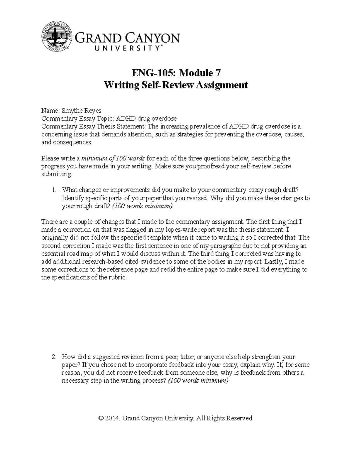 ENG 105 RS Self Review Assignment - ENG-105: Module 7 Writing Self ...