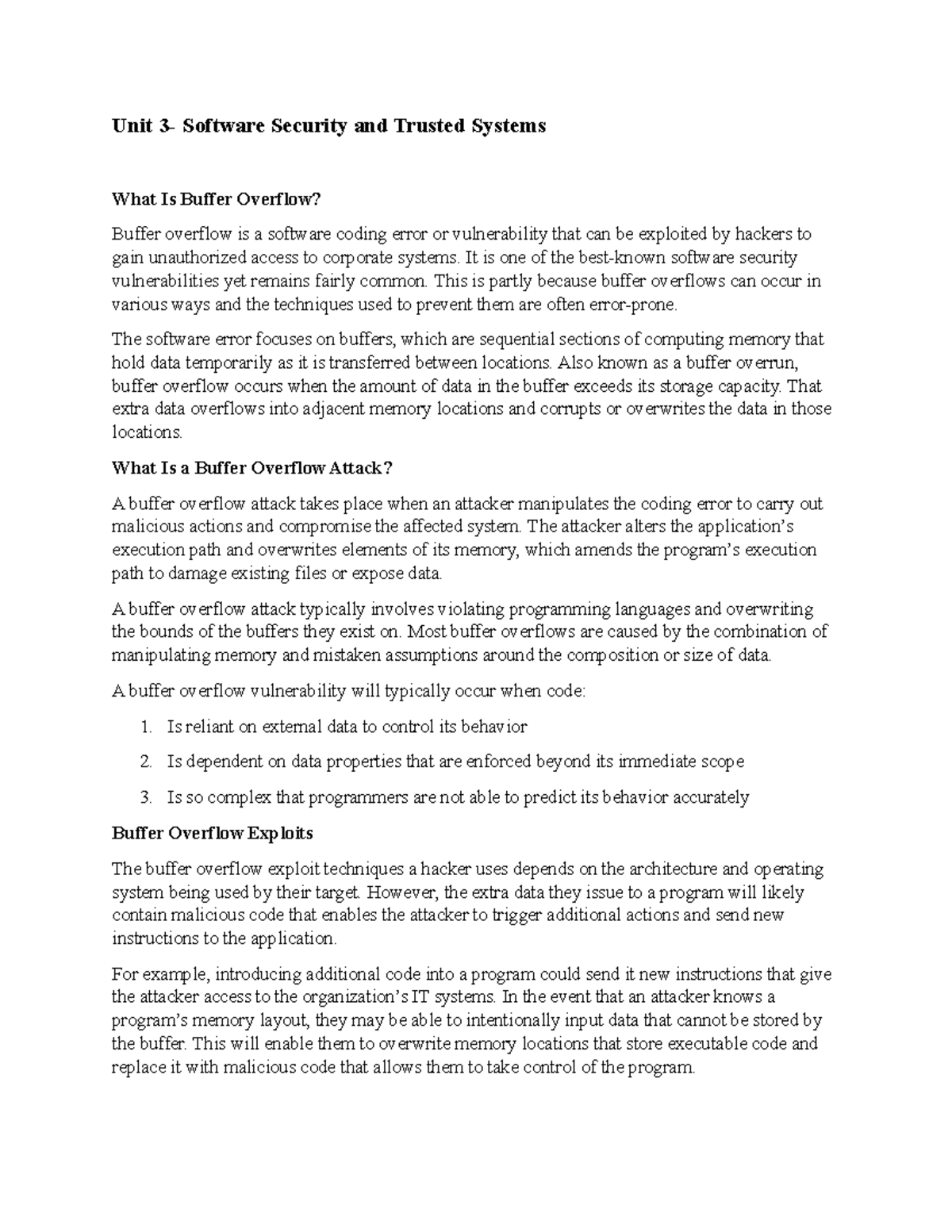 NSF unit 3 notes - Unit 3- Software Security and Trusted Systems What ...