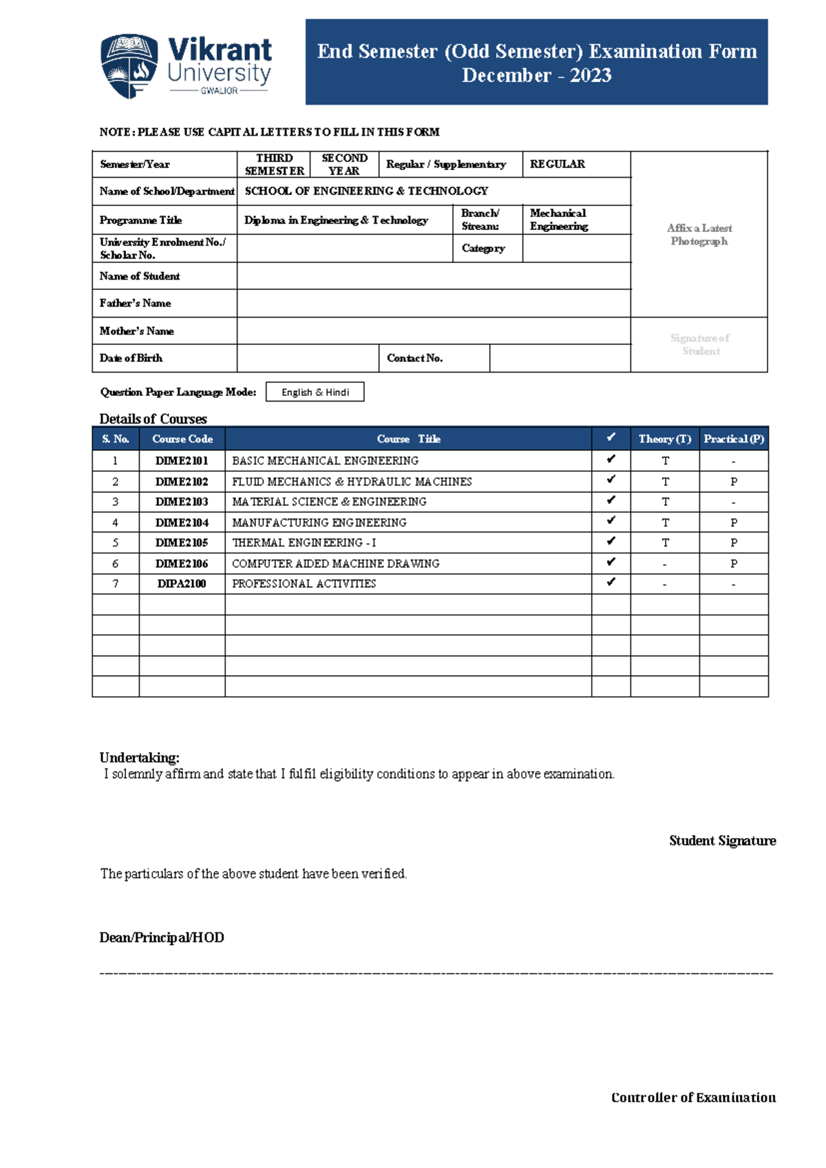 VU Exam Form 3rd Sem - December 2023 (Diploma ME) - End Semester (Odd ...