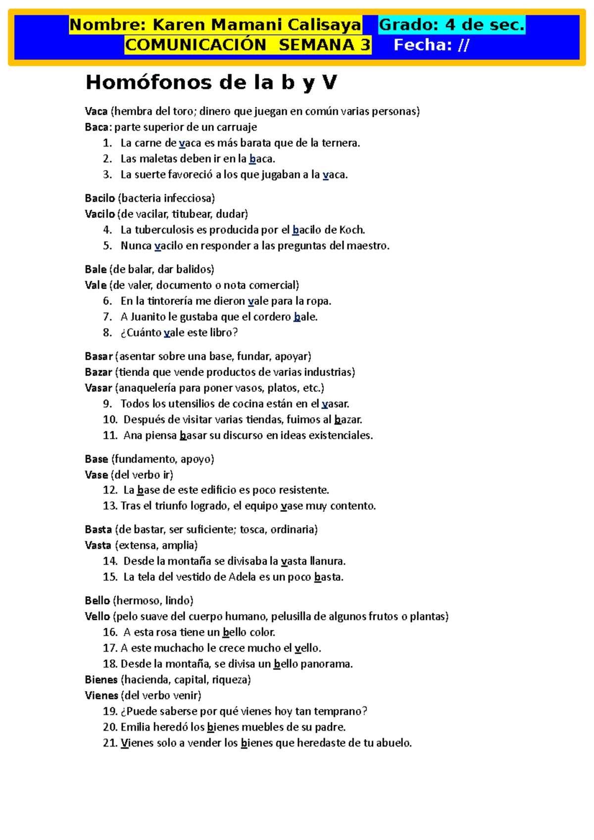 Comunicación - Semana 3 - Práctica - Homófonos de la b y V Vaca (hembra ...