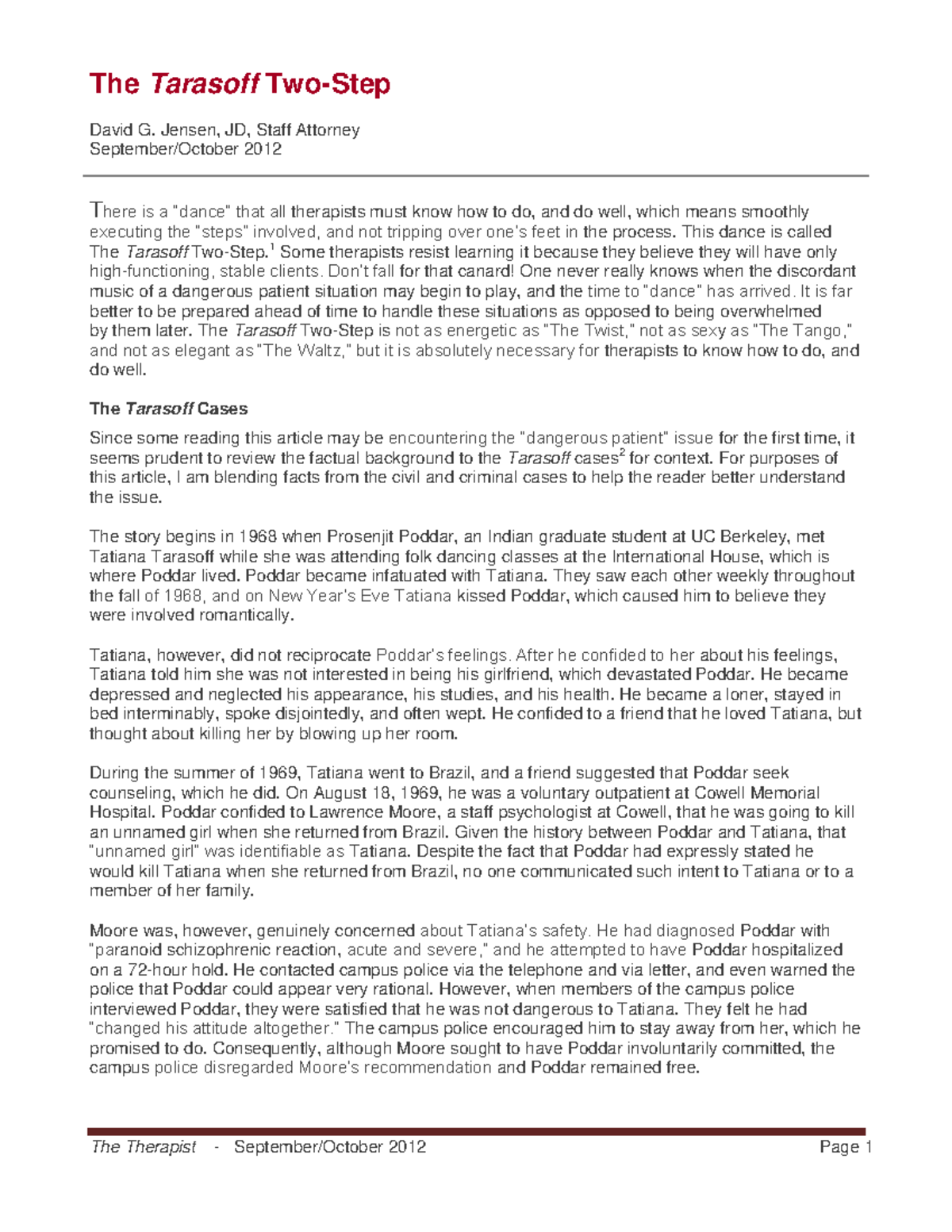 The Tarasof Two-Step - Lecture notes - The Tarasoff Two-Step David G ...