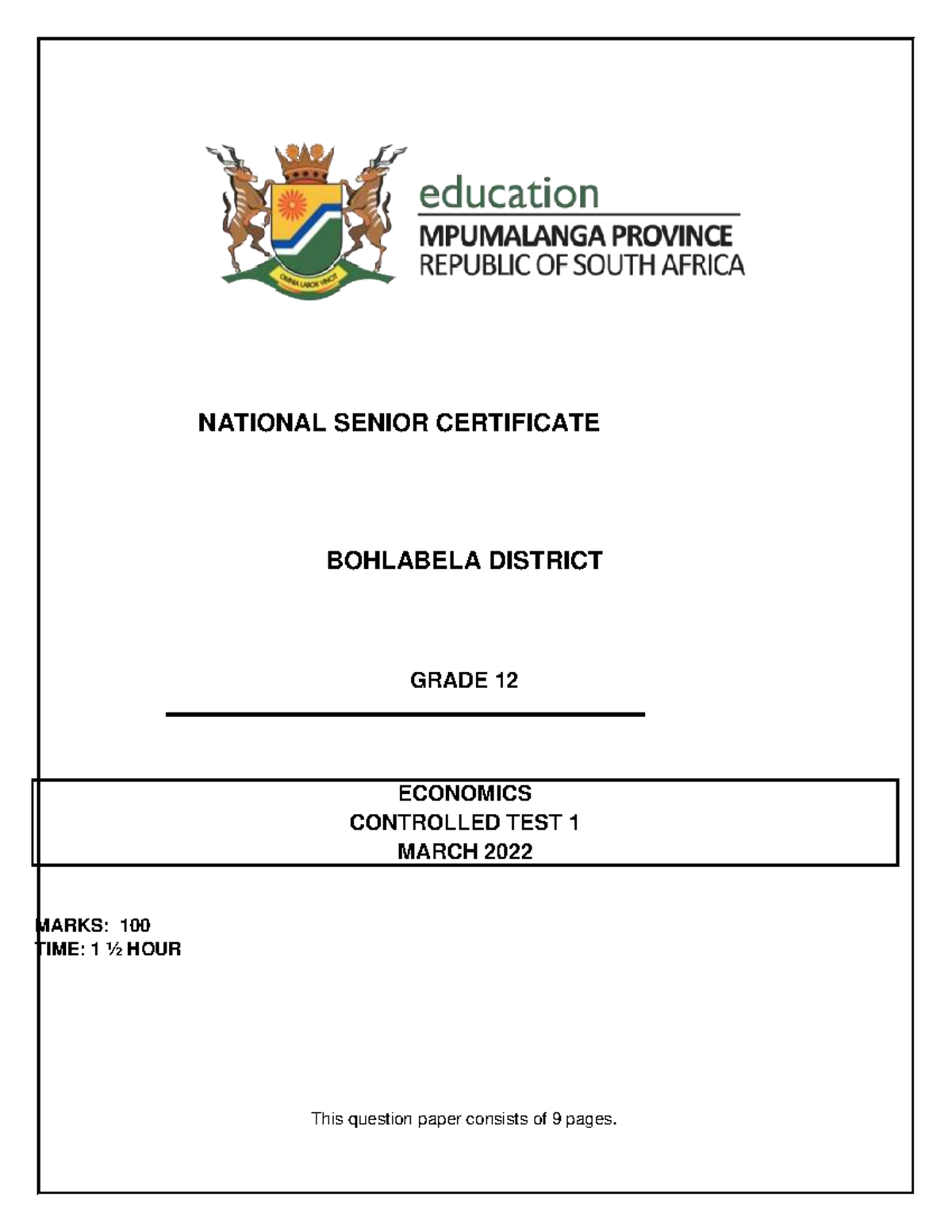 2022 ECON Grade 12 Controlled TEST 1 - NATIONAL SENIOR CERTIFICATE ...