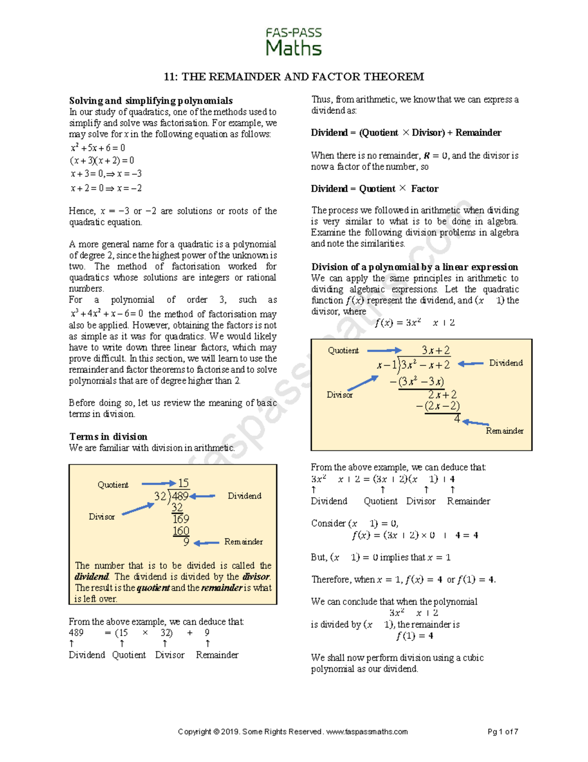AMSG.11.Remainder and Factor Theorem - faspassmaths 11: THE REMAINDER ...