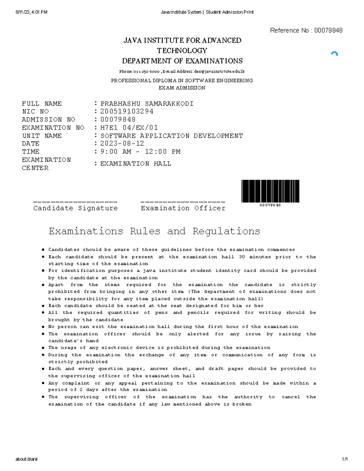 Java Institute System Student Admission Print - edu k PROFESSIONA L ...