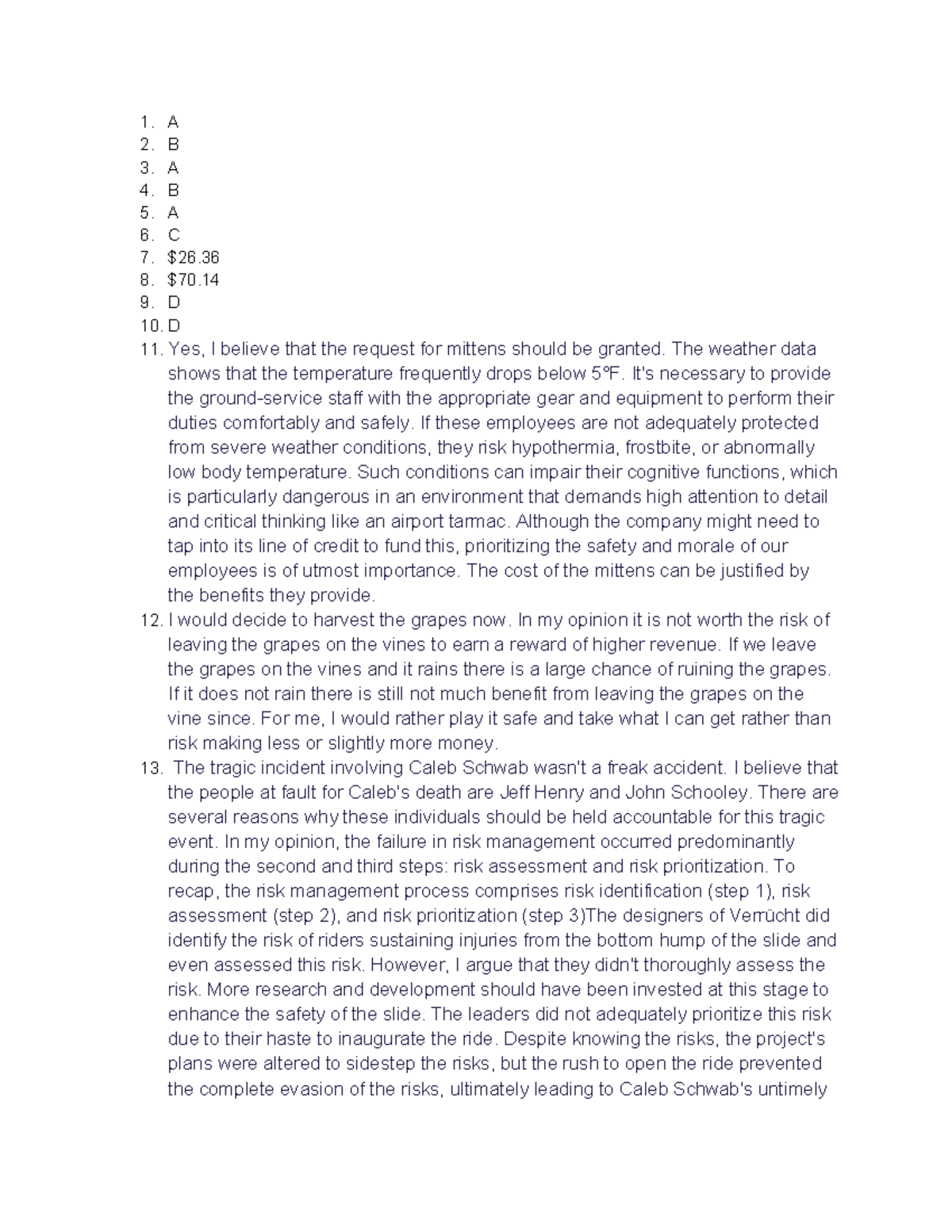 Rmi final - 1. A 2. B 3. A 4. B 5. A 6. C 7. $26. 8. $70. 9. D 10. D 11 ...