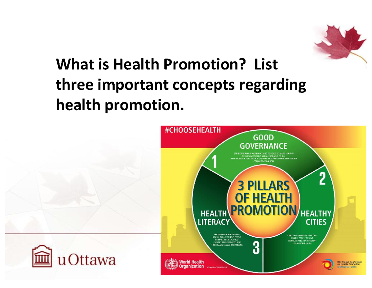 Good 1 - Contains lecture 3 slides - What is Health Promotion? List ...