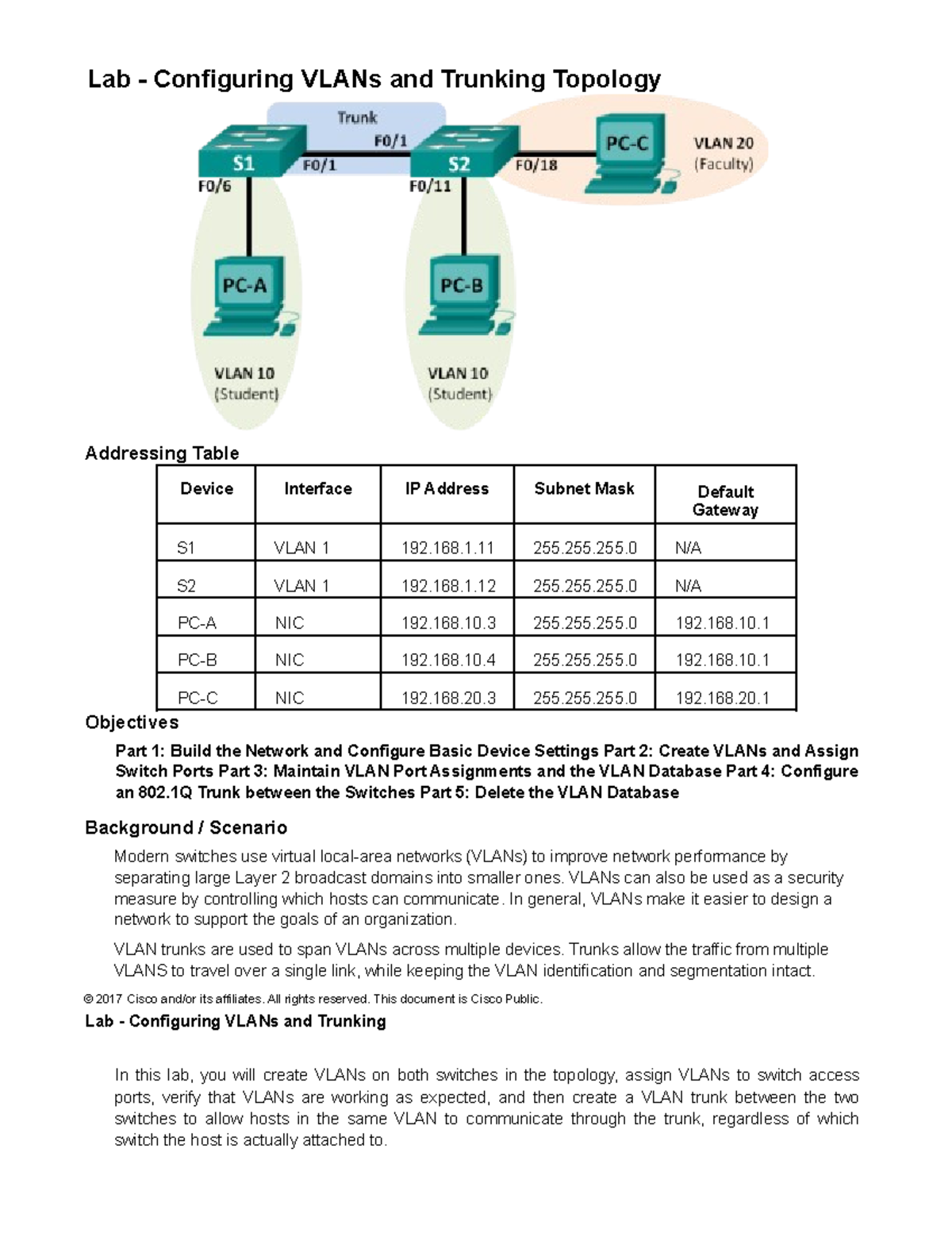 Lab-8.1-Configuring-VLANs-and-Trunking - Lab - Configuring VLANs and Trunking Topology ...