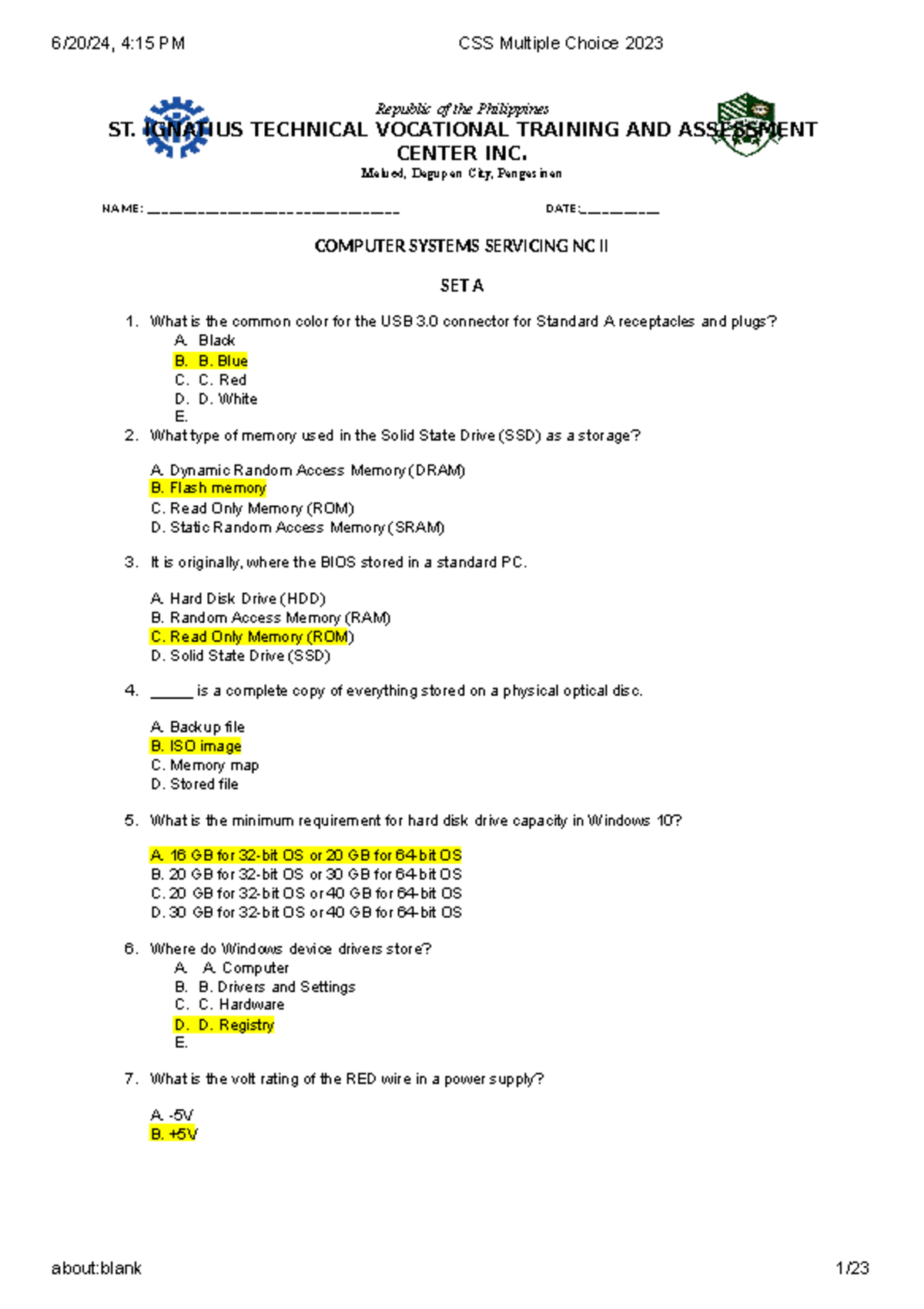 Css Multiple Choice 2023 Republic Of The Philippines St Ignatius Technical Vocational