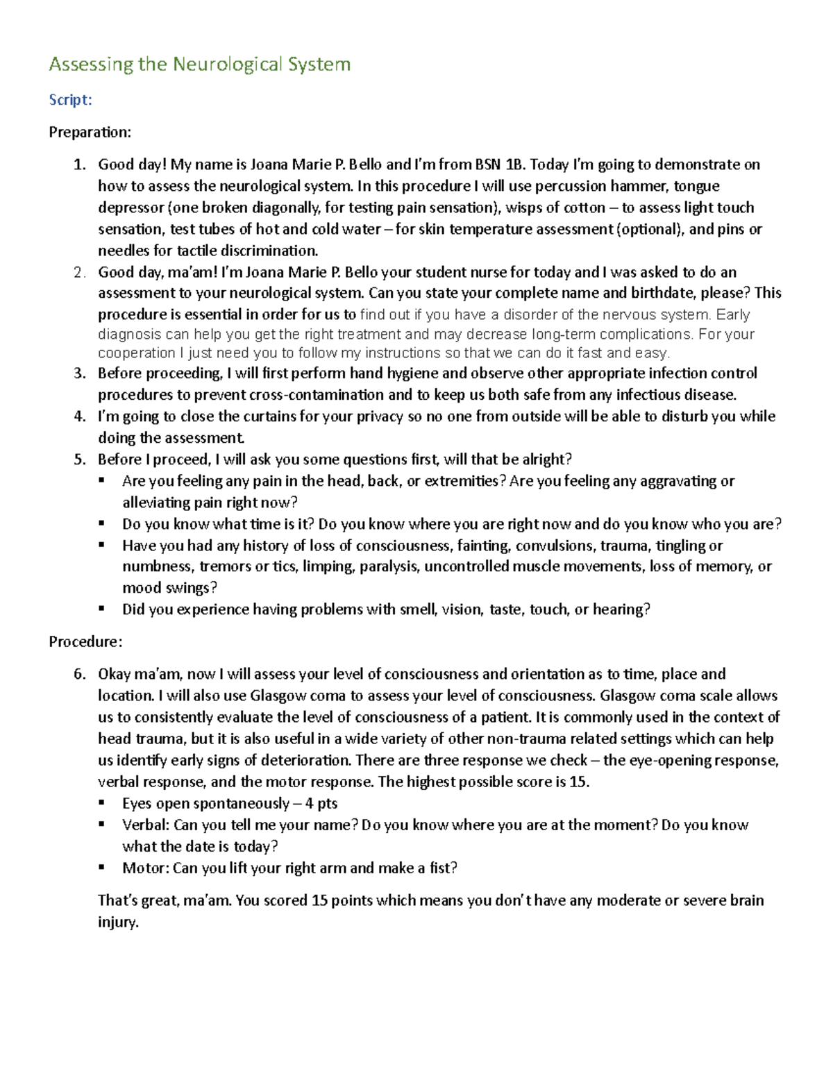 Assessing the Neurological System Script - Assessing the Neurological ...